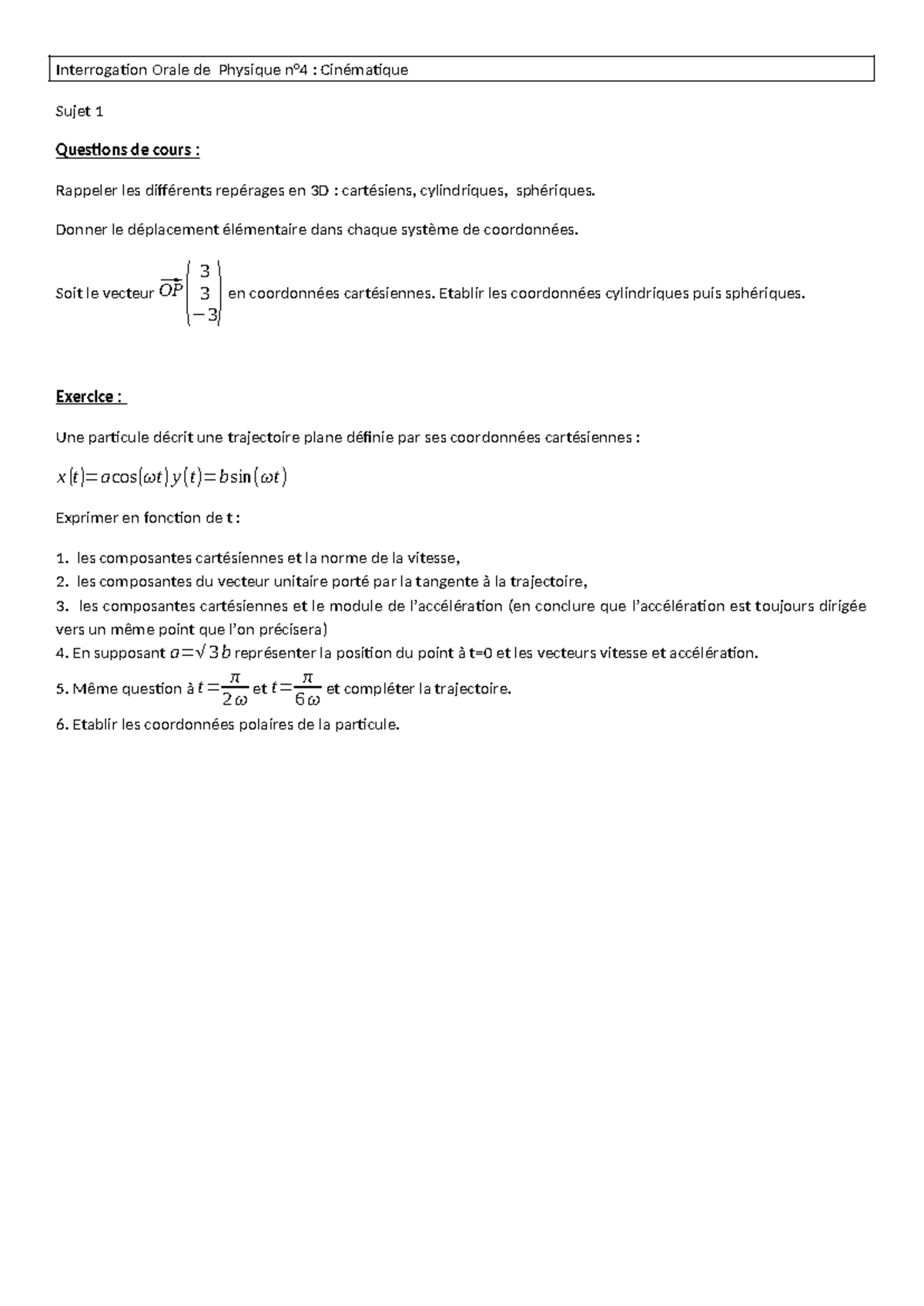 SUP4 Physique 2025 - Exercice de Cinématique en 3D - Studocu