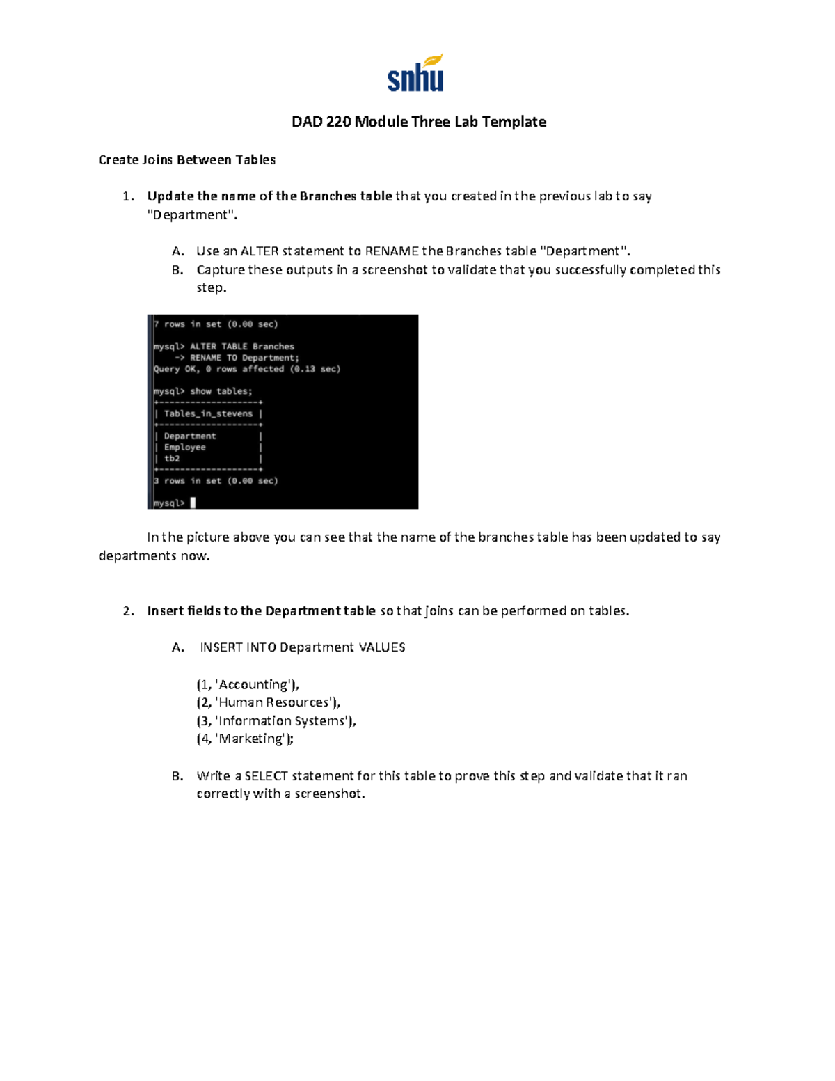 DAD 220 Module Three Lab - Update the name of the Branches table that ...