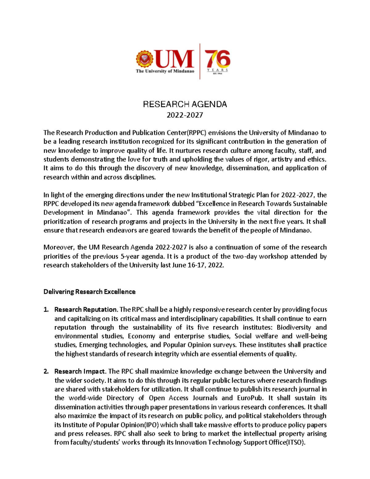 UM Research Agenda: 2022-2027 Framework for Excellence in Research ...