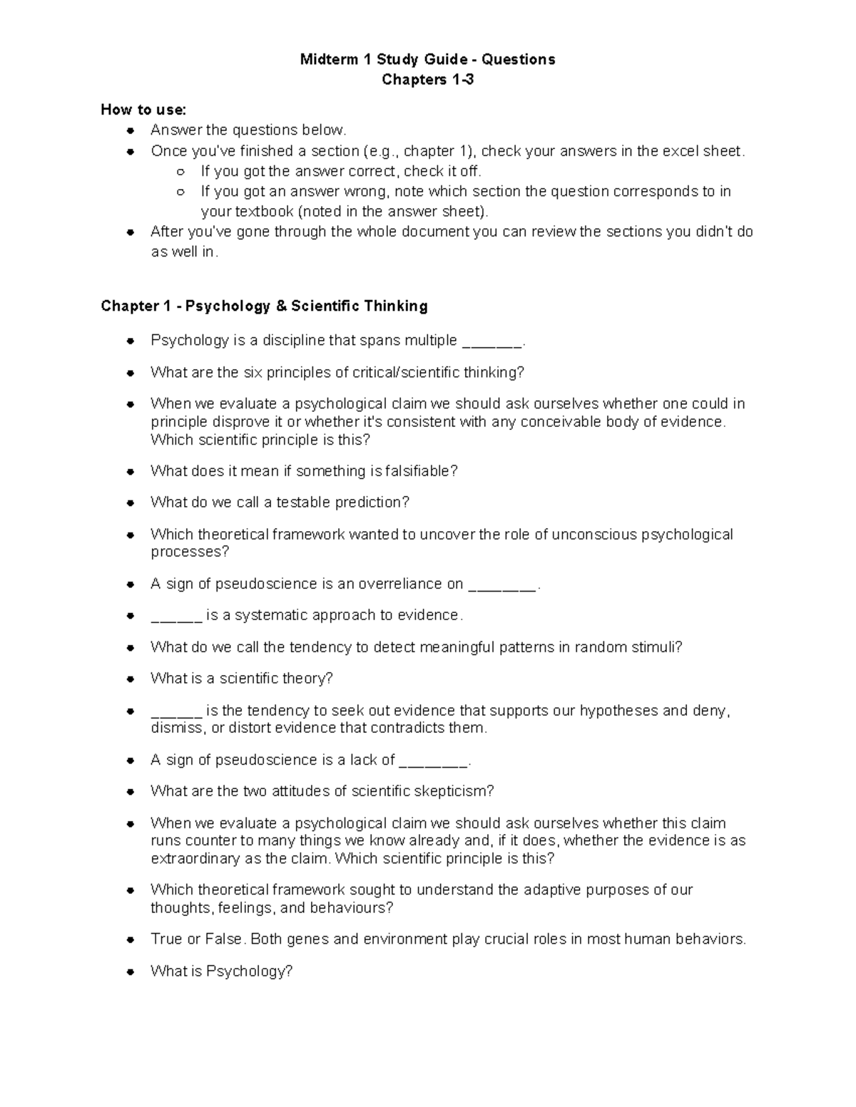 Midterm 1 Study Guide - questions - Midterm 1 Study Guide - Questions Chapters 1- How to use ...