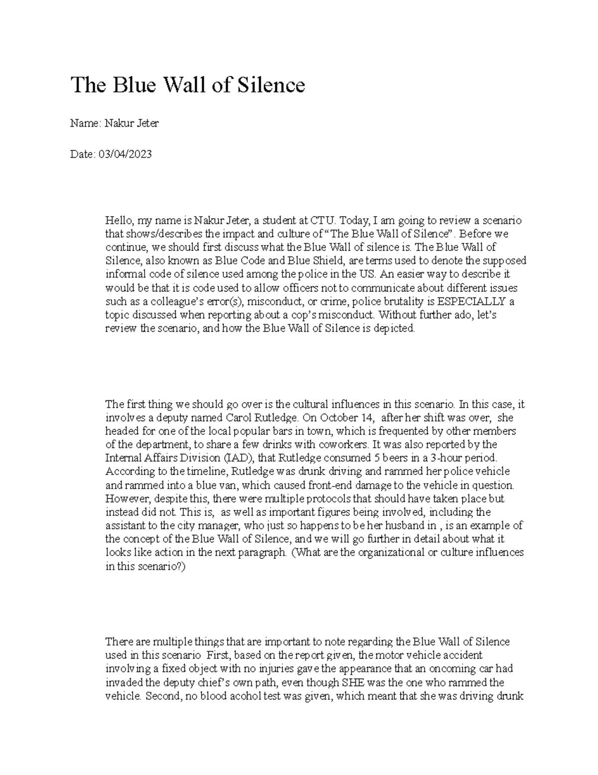 CTU Case Study: Impact of the Blue Wall of Silence in Police Culture ...