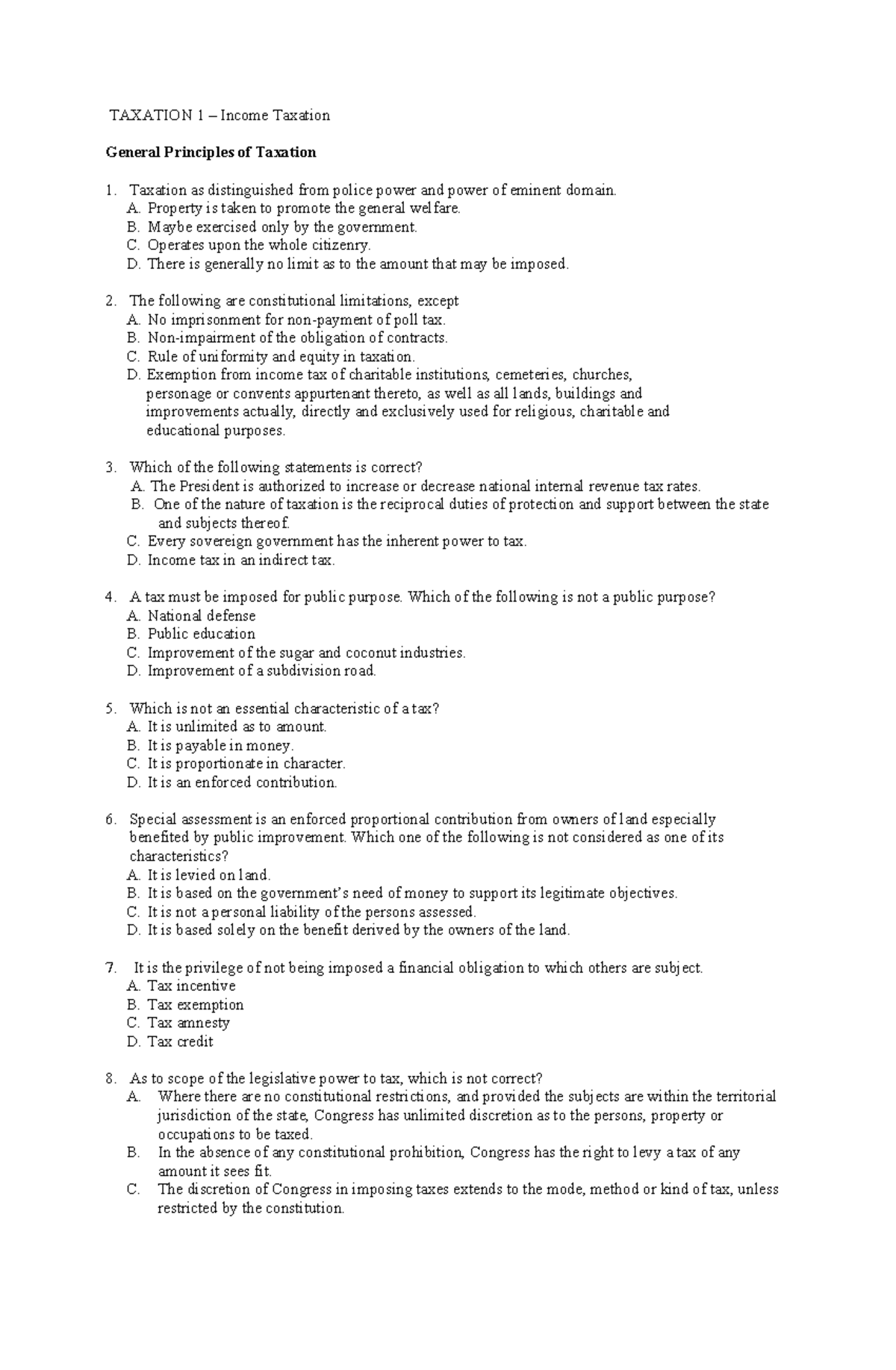 TAXATION 1 Quiz - Key Concepts and General Principles - Studocu