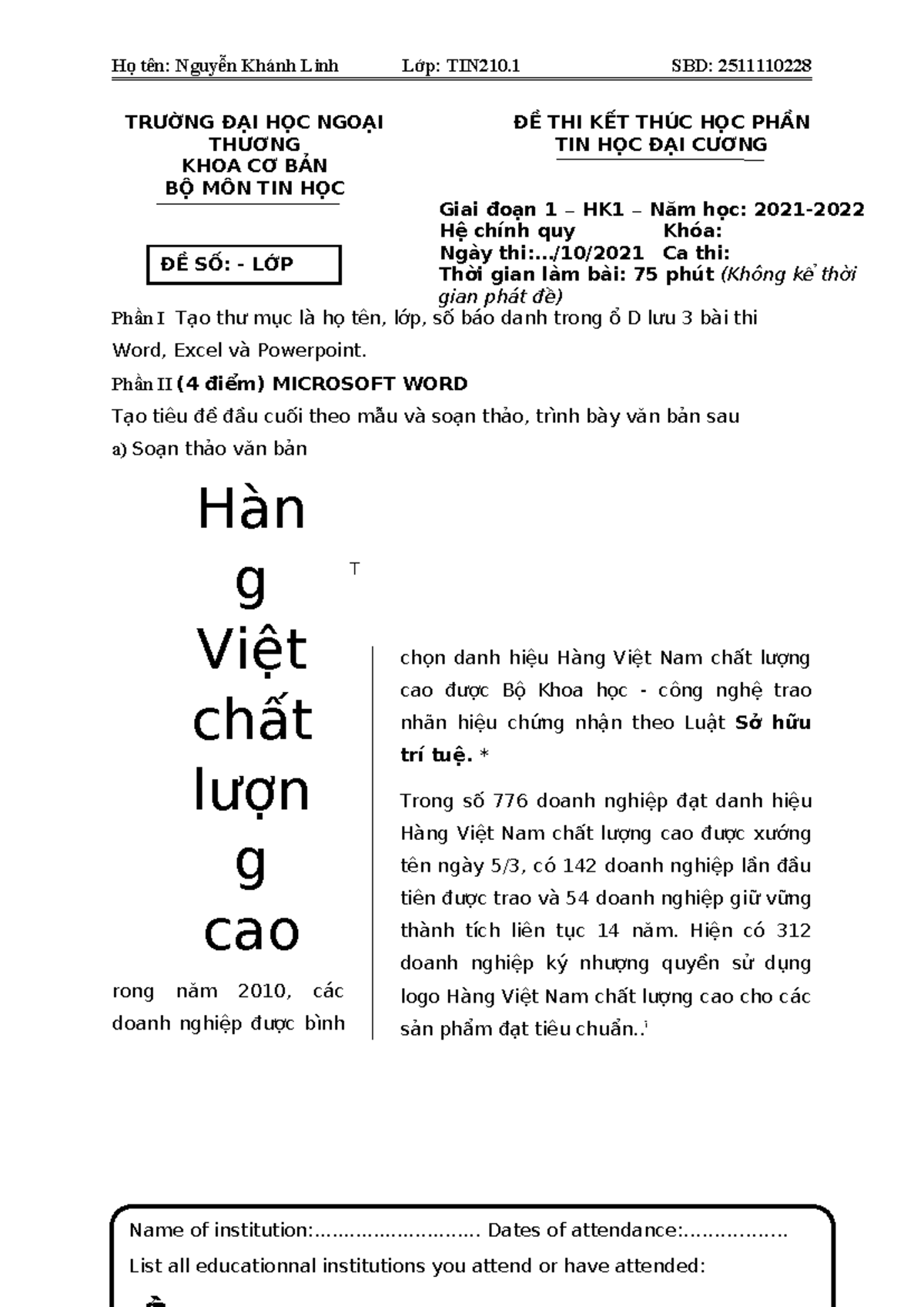 Đề Thi Kết Thúc Học Phần TIN210.1 - Microsoft Word & Excel - Studocu