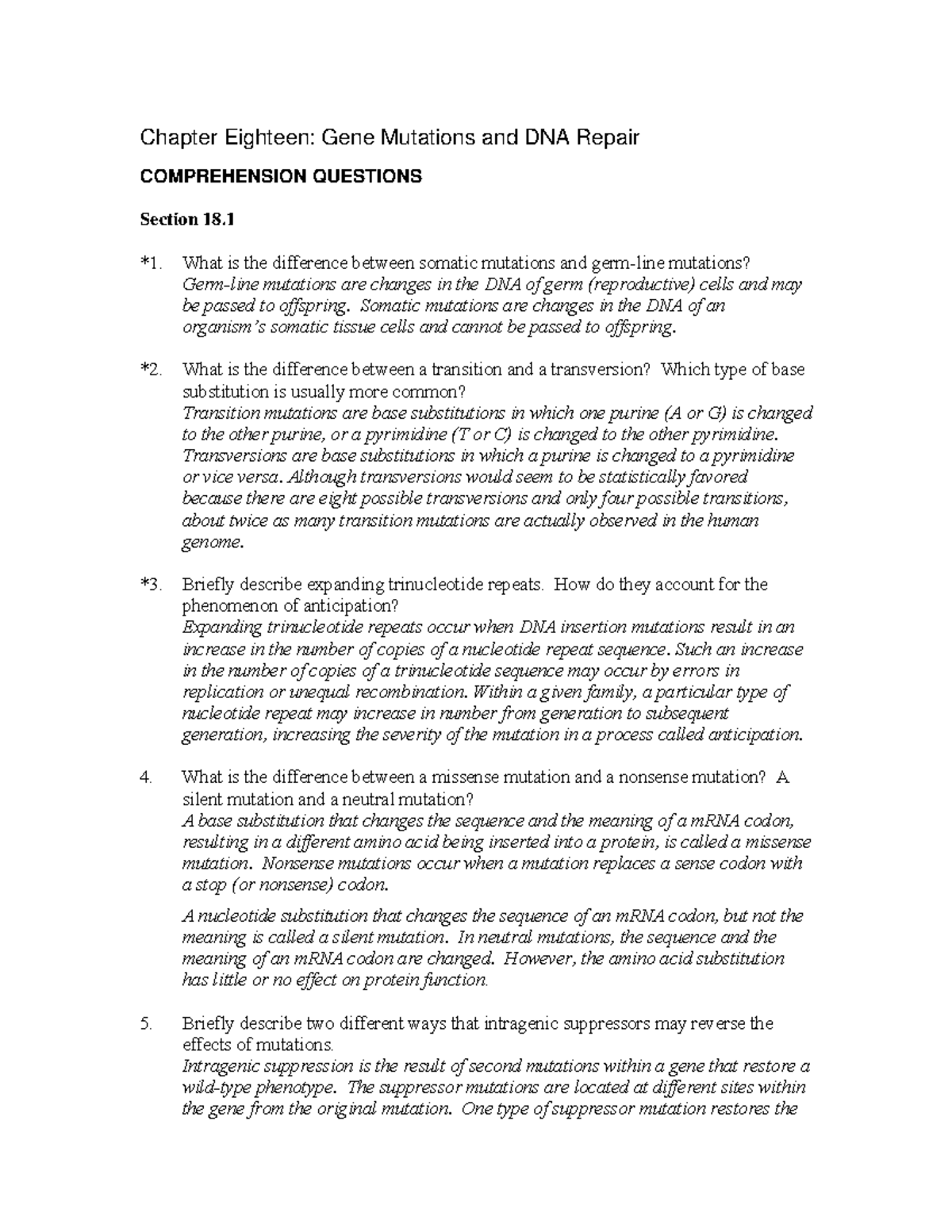 Comprehension Questions on Gene Mutations and DNA Repair (Chapter 18 ...