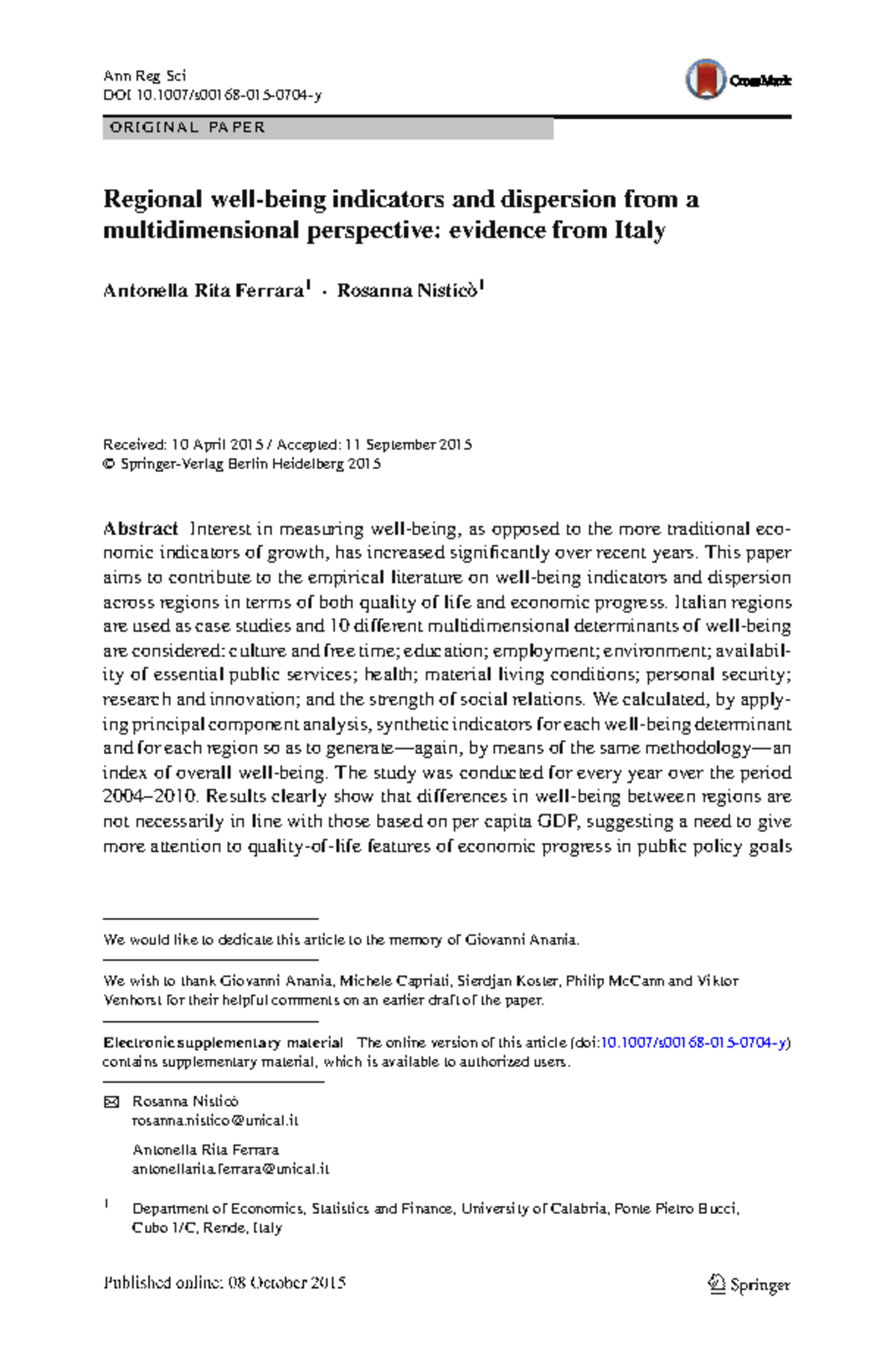 Regional Wellbeing Indicators and Dispersion in Italy: A ...