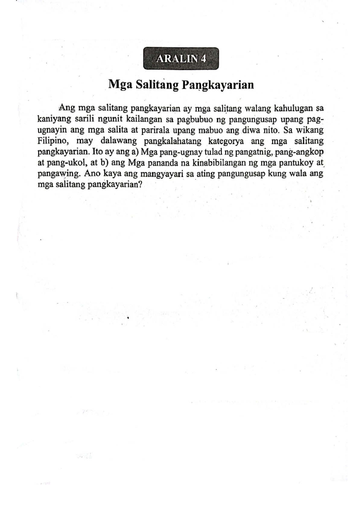 Mga Salitang Pangkayarian sa ARALIN 4: Kahulugan at Halimbawa - Studocu