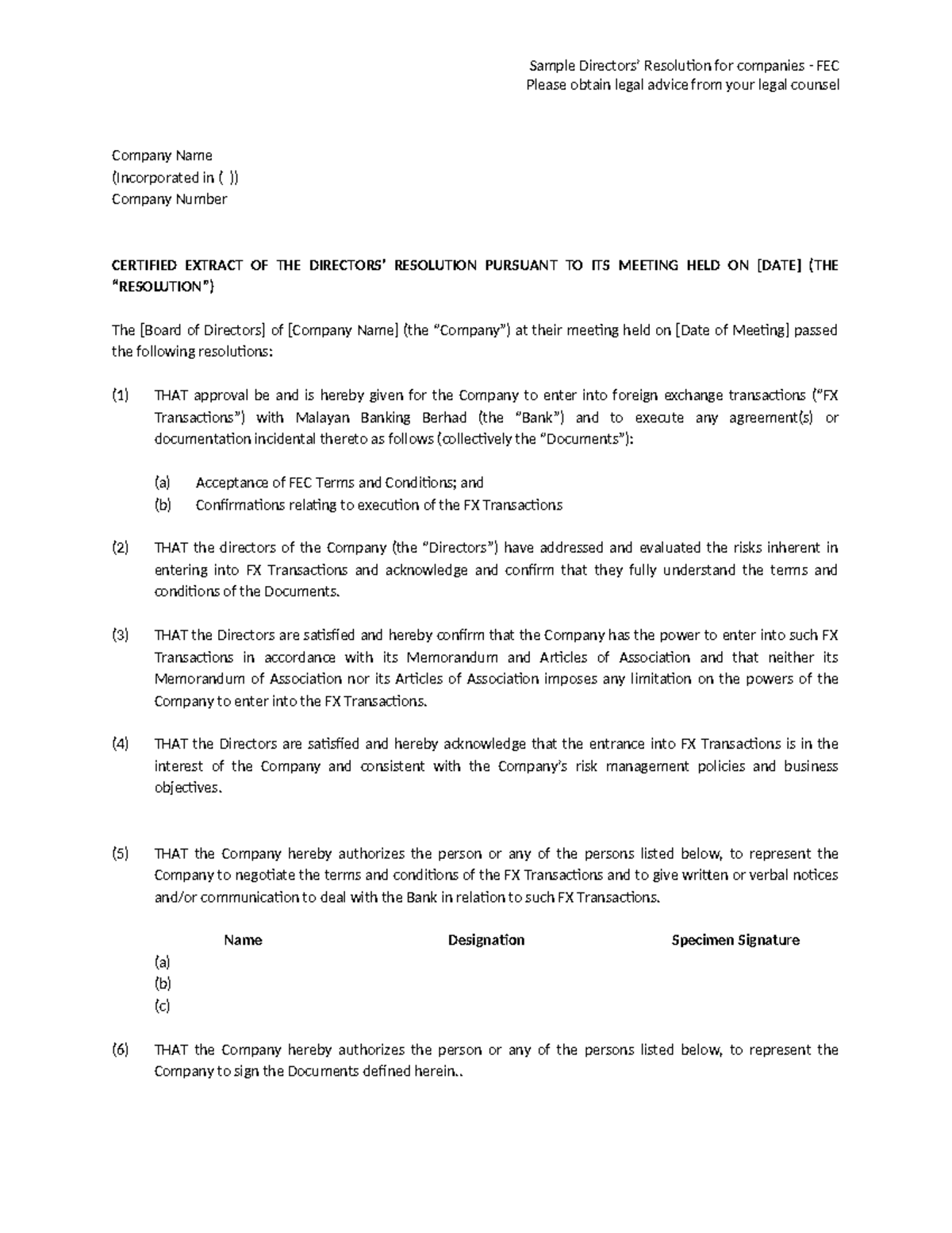 Sample Board Resolution for FX Transactions - FEC - Studocu