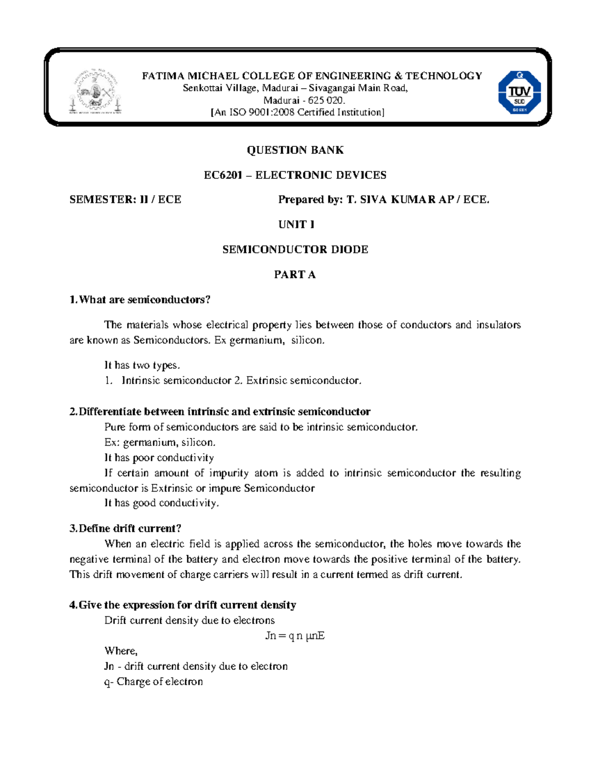 EC6201 Question Bank: Electronic Devices - Semester II ECE - Studocu