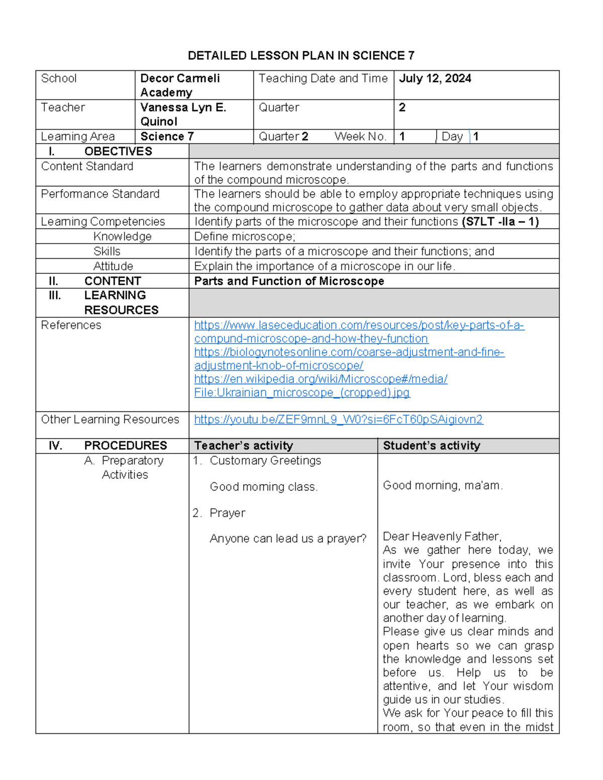 Grade 7 Science Lesson Plan on Microscope Parts and Functions - Studocu