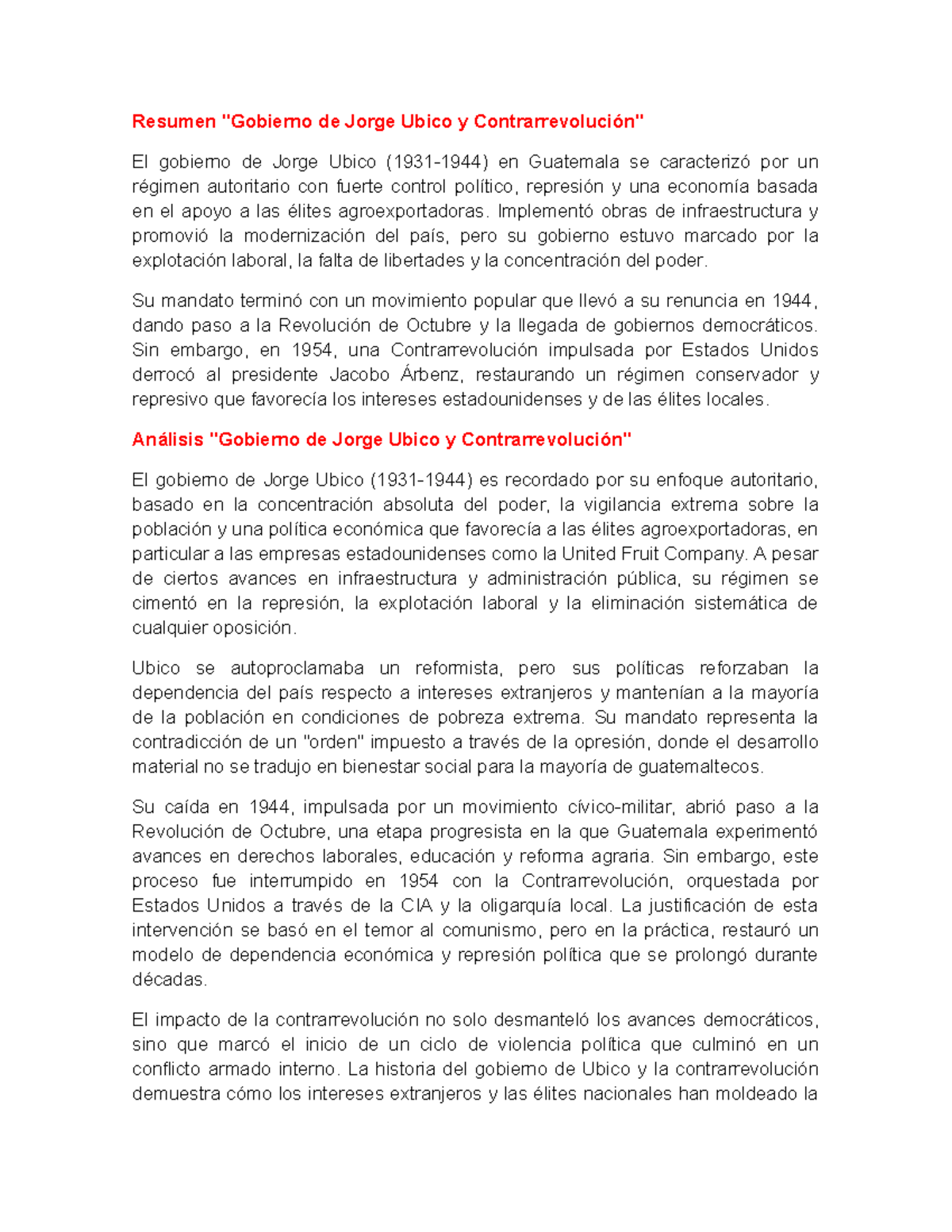Análisis del Gobierno de Jorge Ubico y su Impacto en Guatemala - Studocu