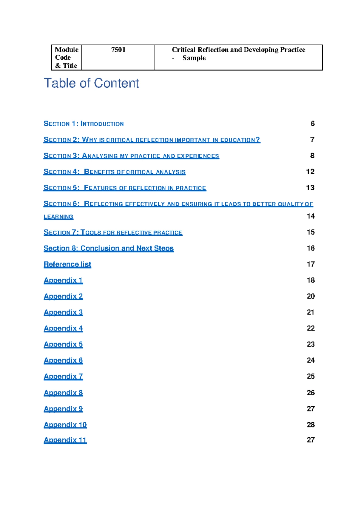 Sample Assignment - Critical Reflection - Table of Content SECTION 1 ...
