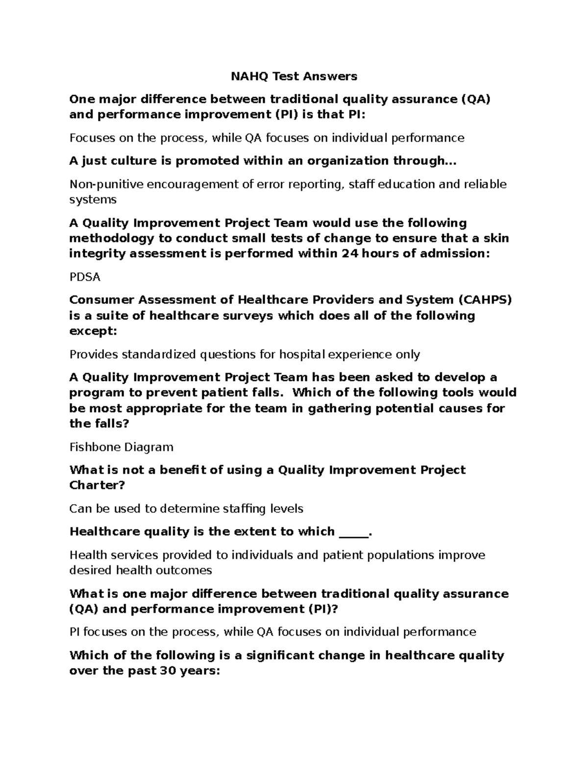 NAHQ Test Answers: Key Concepts in Quality Improvement and Assurance ...