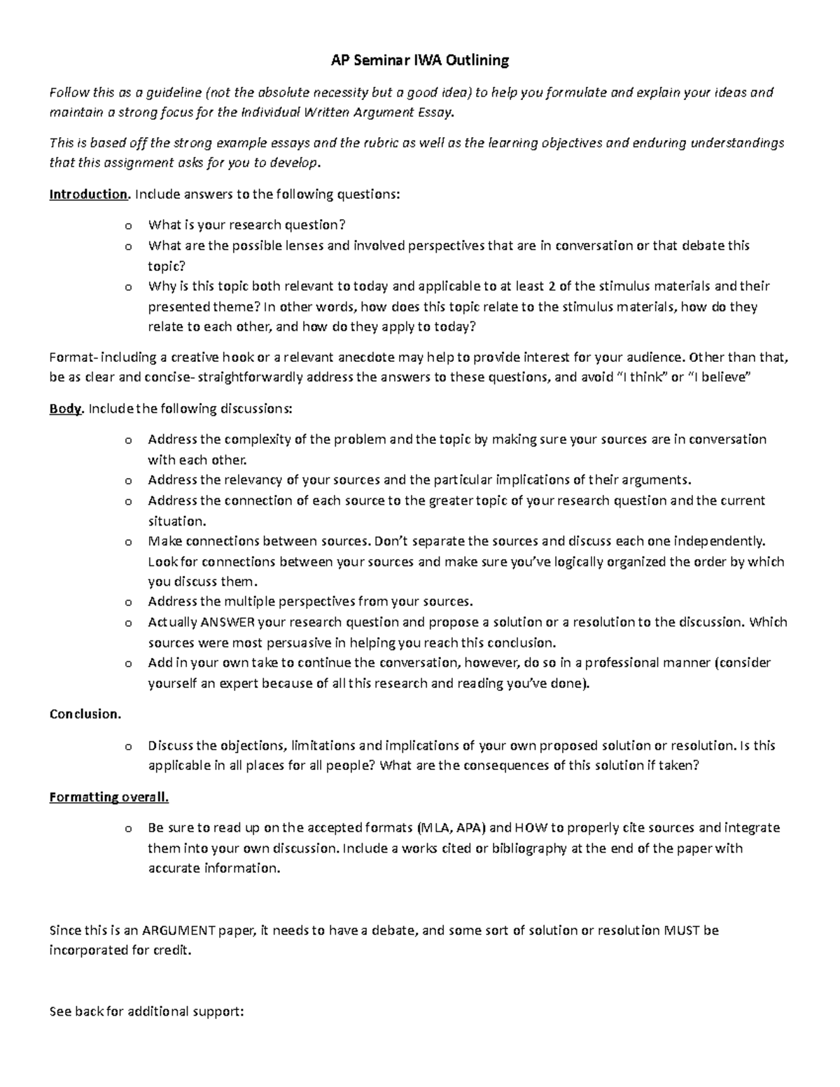 AP Seminar IWA Outline: Crafting a Strong Argument Essay - Studocu