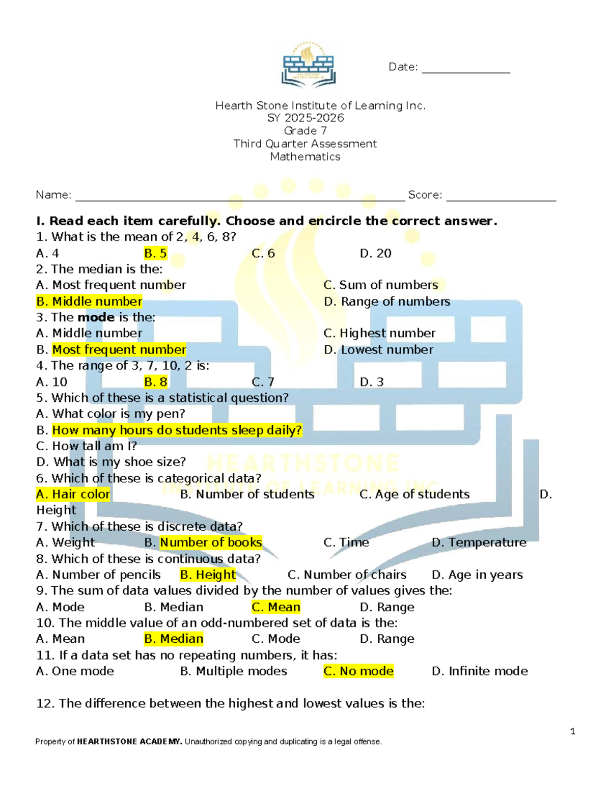 Grade 7 SY BCD 3rd Quarter Math Assessment Questions - Studocu