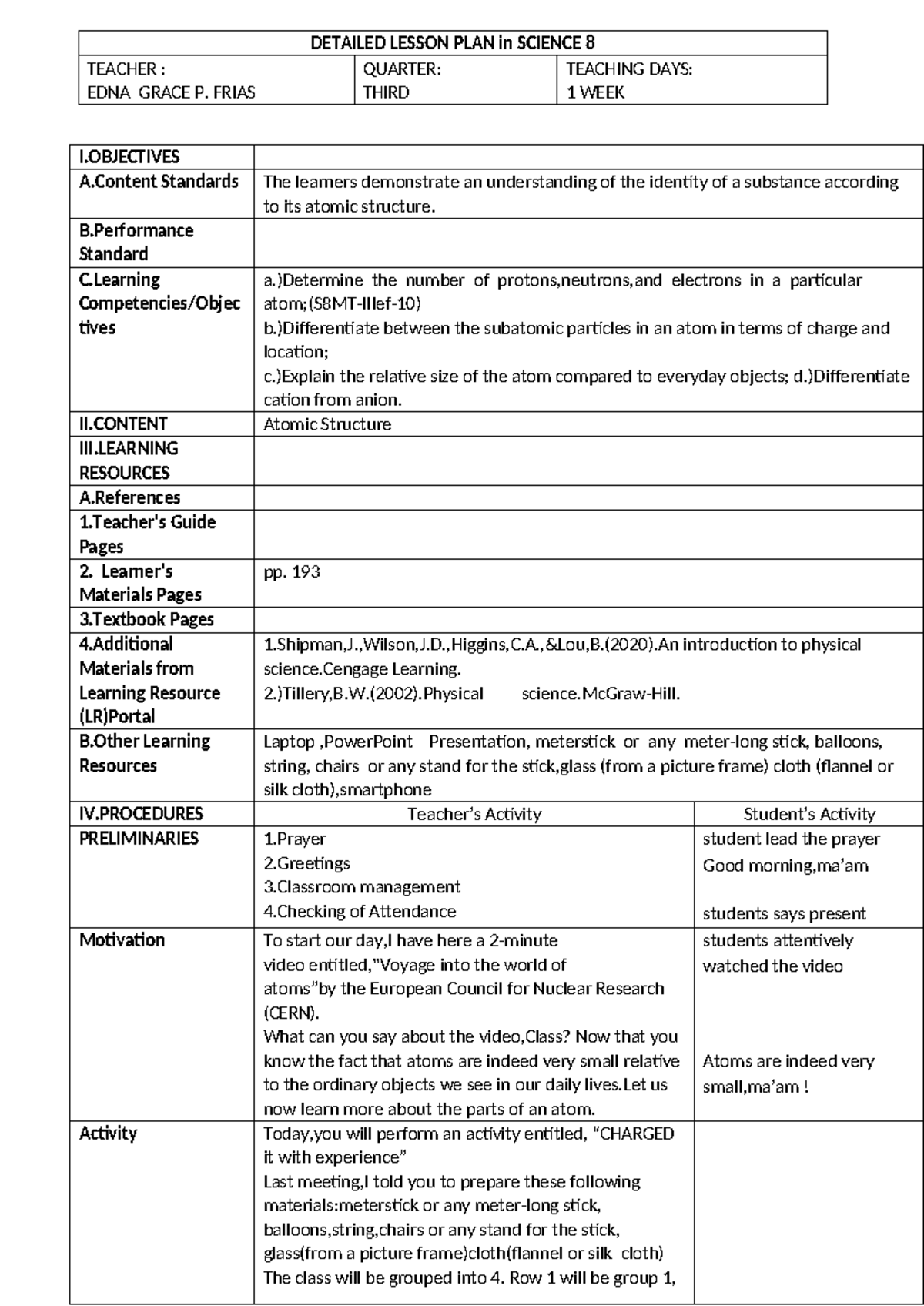 SUB Atomic Structure DONE - DETAILED LESSON PLAN in SCIENCE 8 TEACHER ...