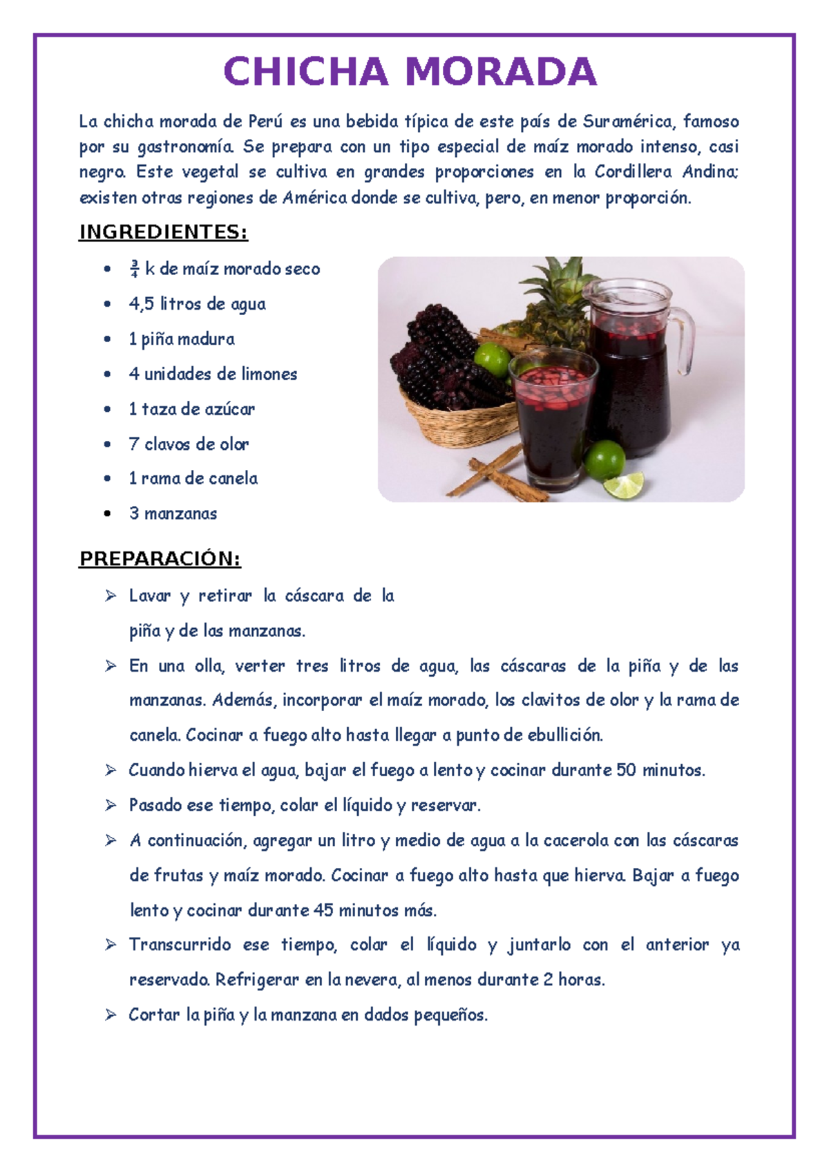 Receta de Chicha Morada: Bebida Típica Peruana - Studocu