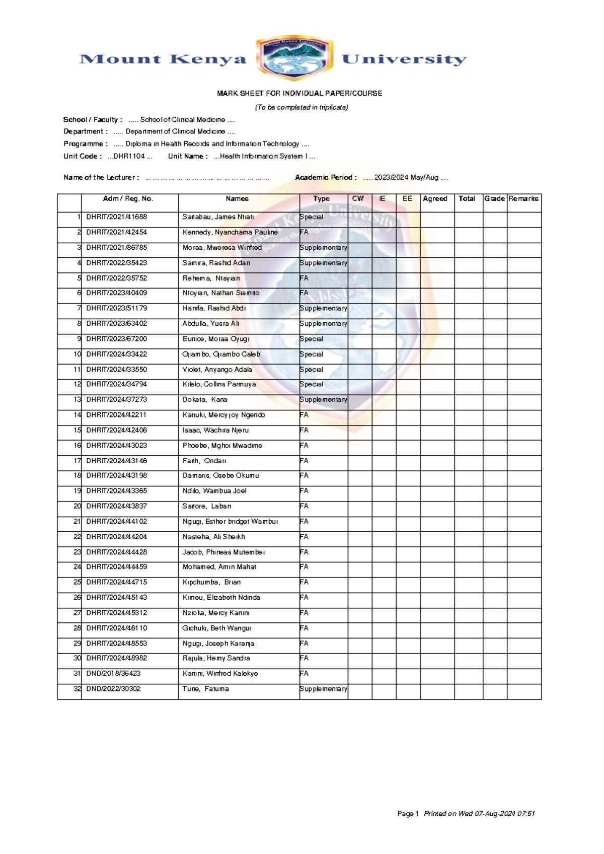 Marksheet 2023-2024 for Diploma in Health Records DHR110 - Studocu
