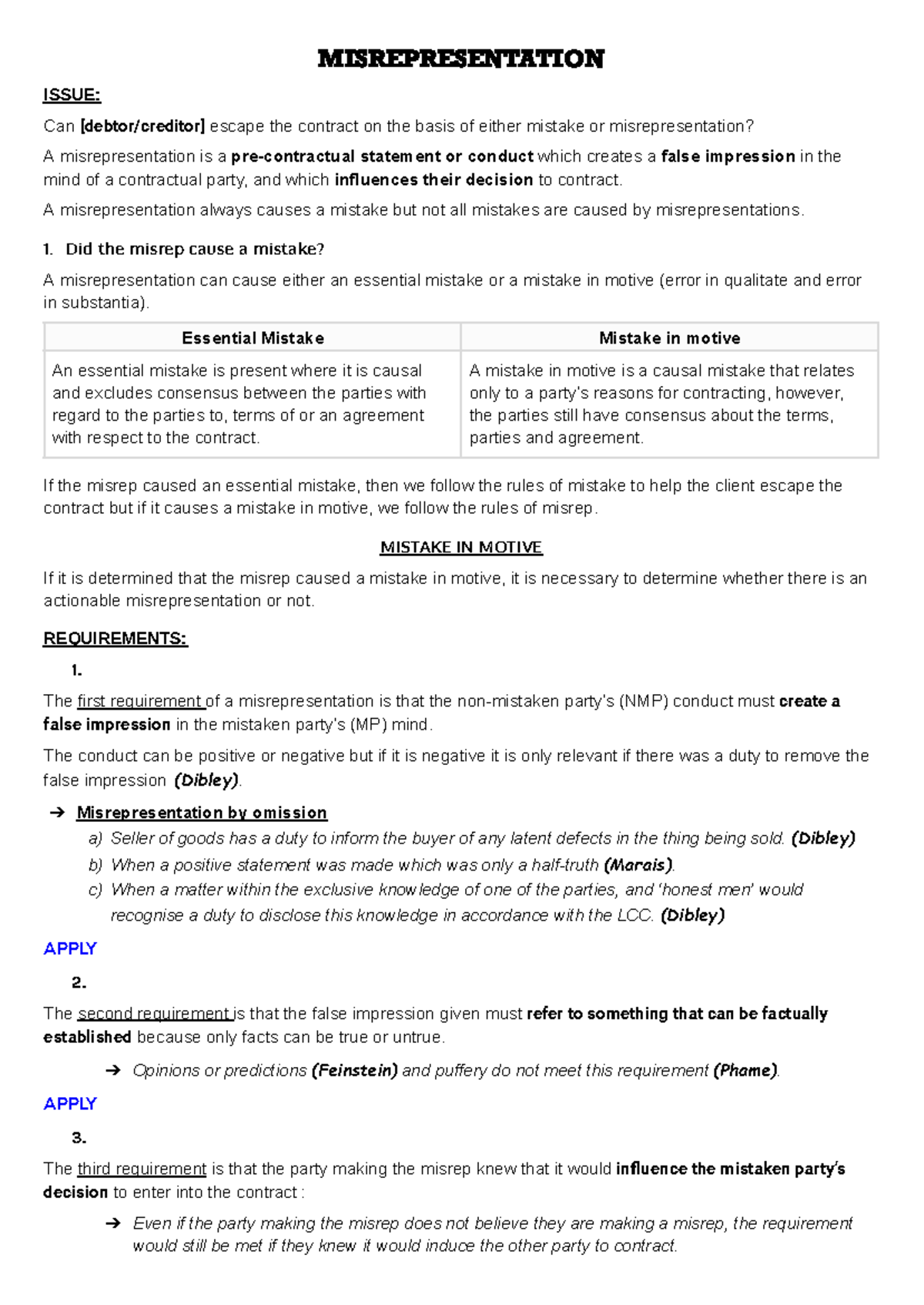 Misrepresentation in Contract Law: Analyzing Essential Mistakes ...