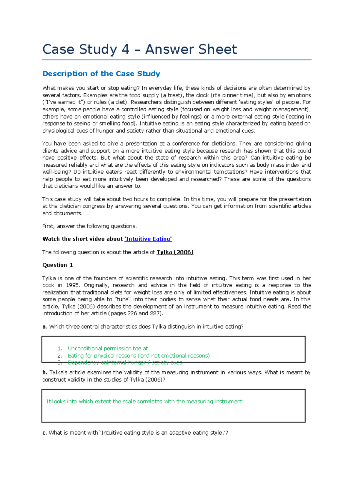 Case Study 4 - Intuitive Eating Insights - Answer Sheet - Studeersnel