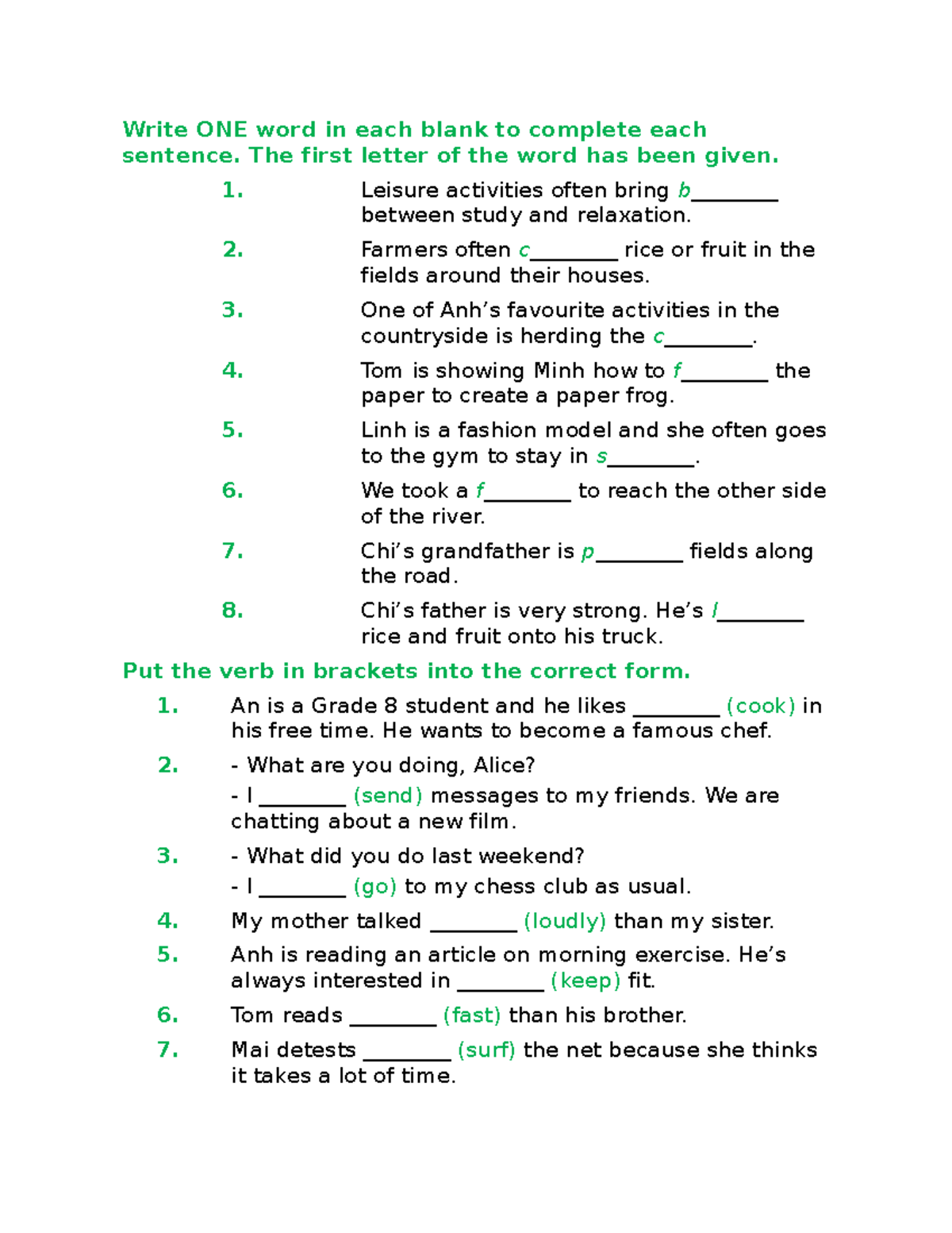 Test 2 - English: Fill in the Blanks and Verb Forms Practice - Studocu