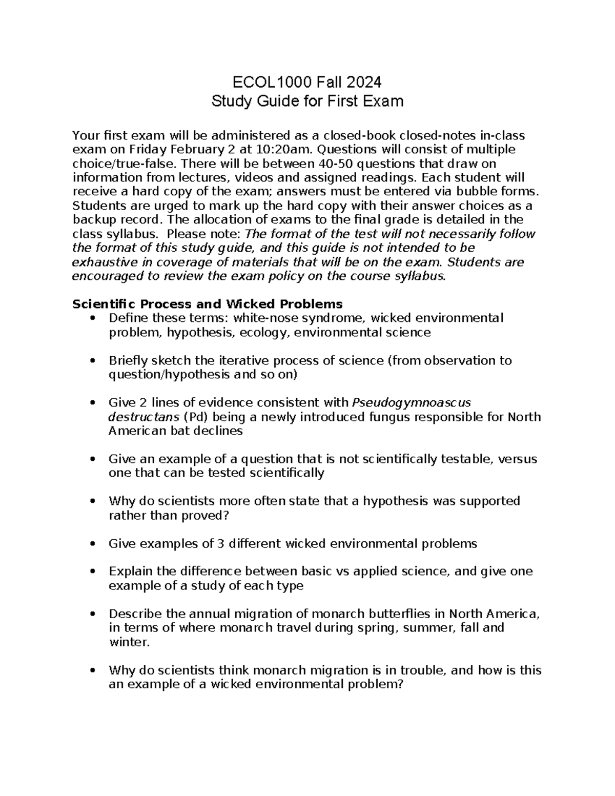 ECOL 1000 Exam 1 Study Guide - Fall 2024 Essentials - Studocu