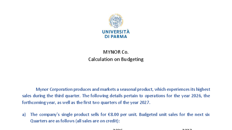 MYNOR Co. Budgeting Calculations for 2026-2027 - Studocu
