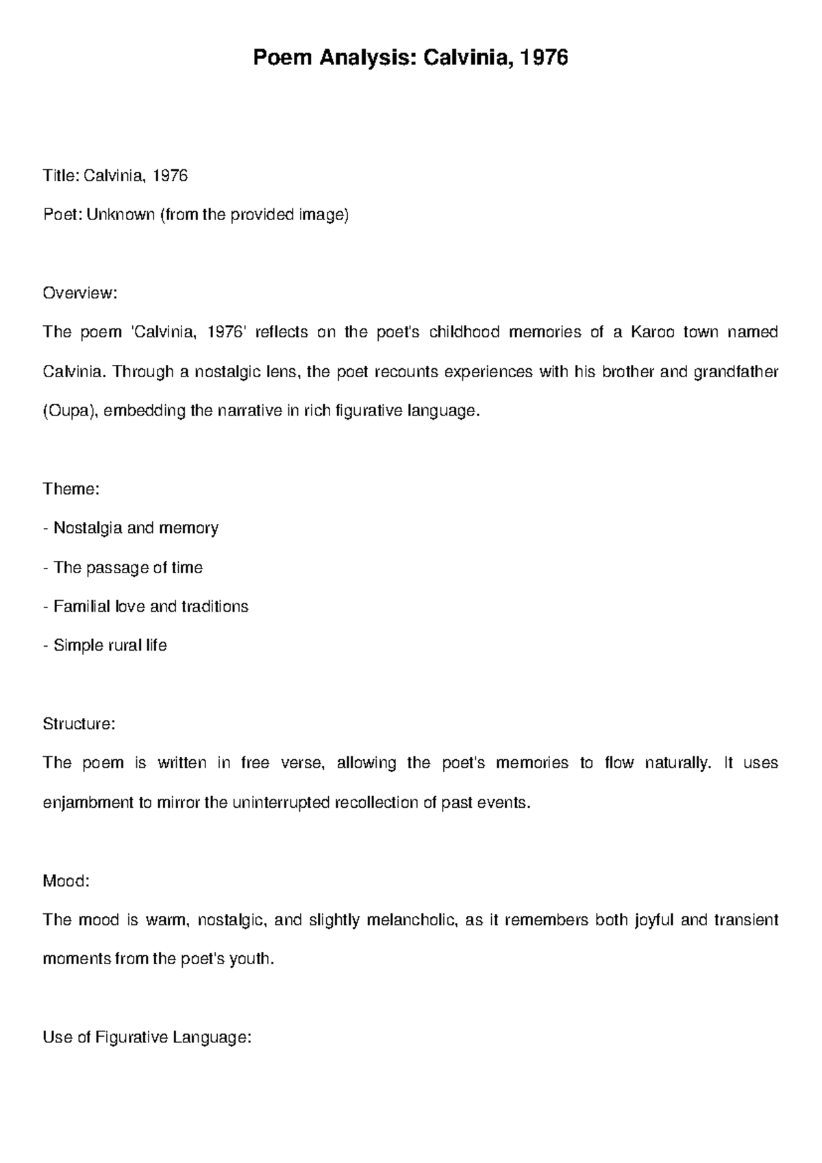 Poem Analysis: Calvinia, 1976 - Nostalgia & Memory Insights - Studocu