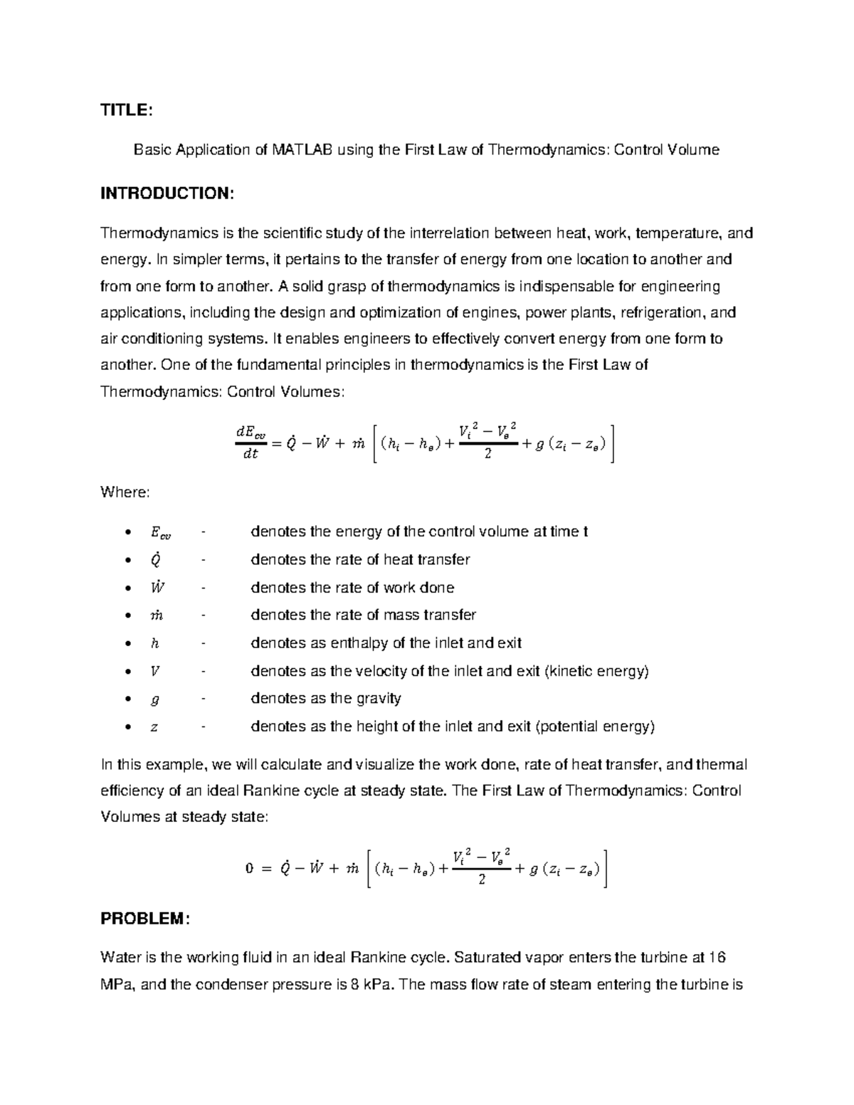 Example Application OF Matlab - TITLE: Basic Application of MATLAB ...