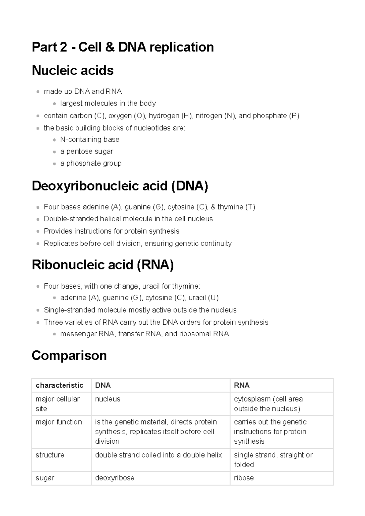 Part 2 - Cell & DNA Replication: Nucleic Acids Overview - Studocu