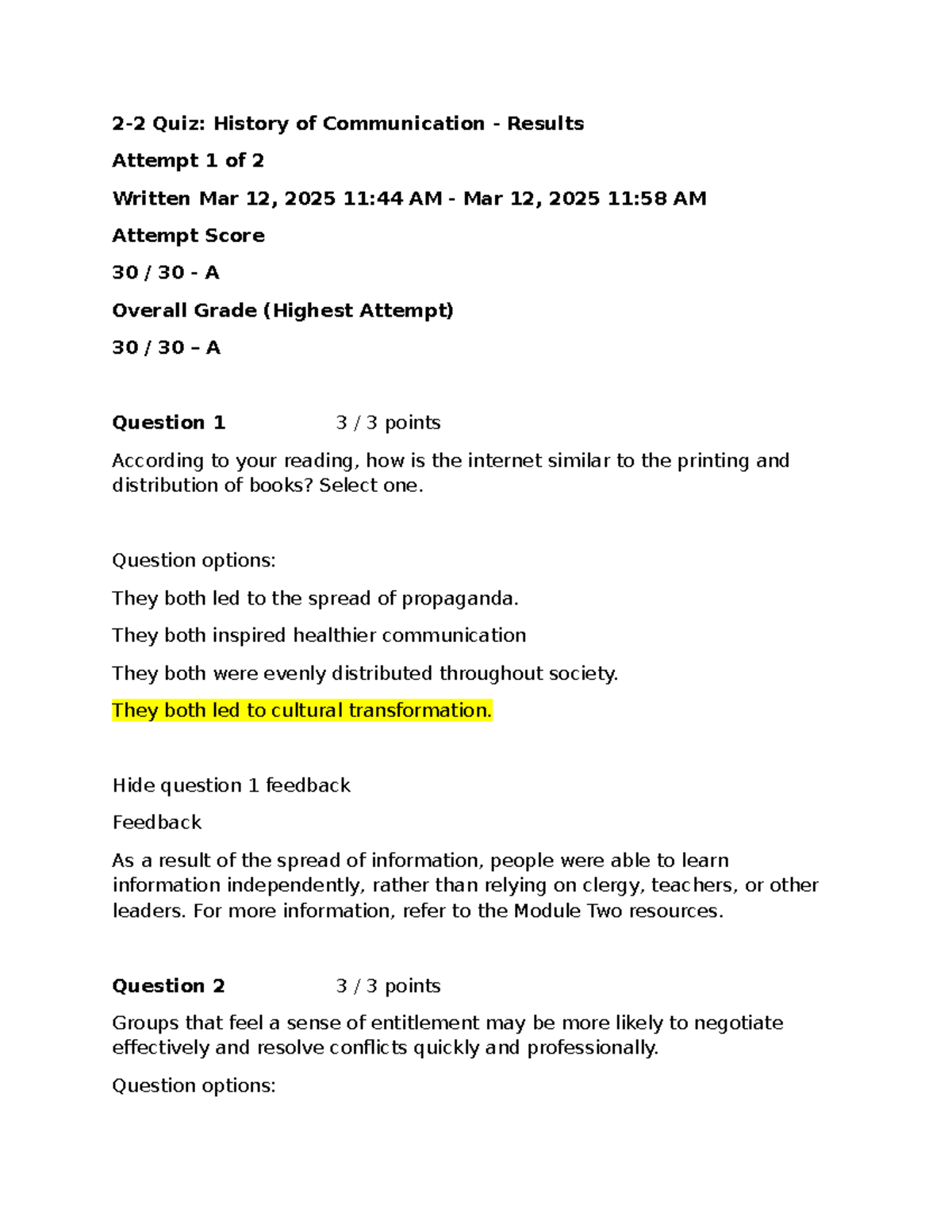 COM 127 - 2-2 Quiz Results: History of Communication Insights - Studocu