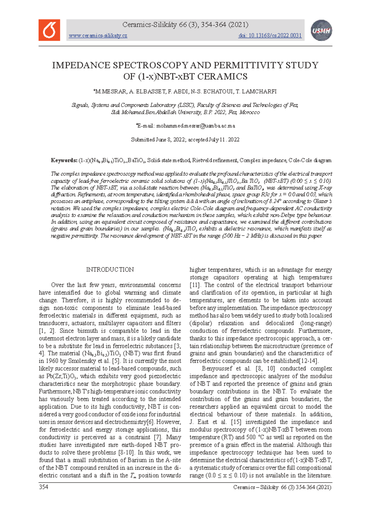 Impedance Spectroscopy and Permittivity Study of NBT Ceramics (66-3 ...