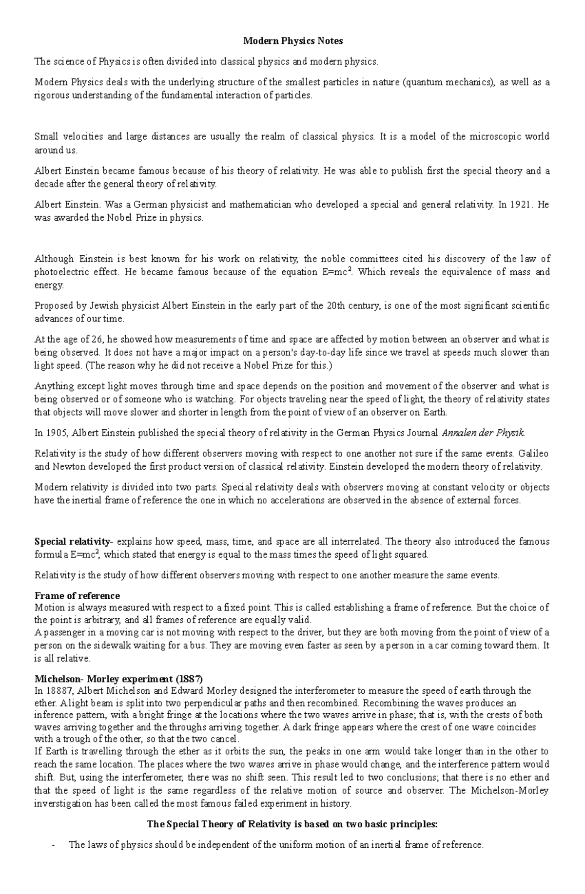 Modern Physics Notes: Understanding Einstein's Relativity - Studocu