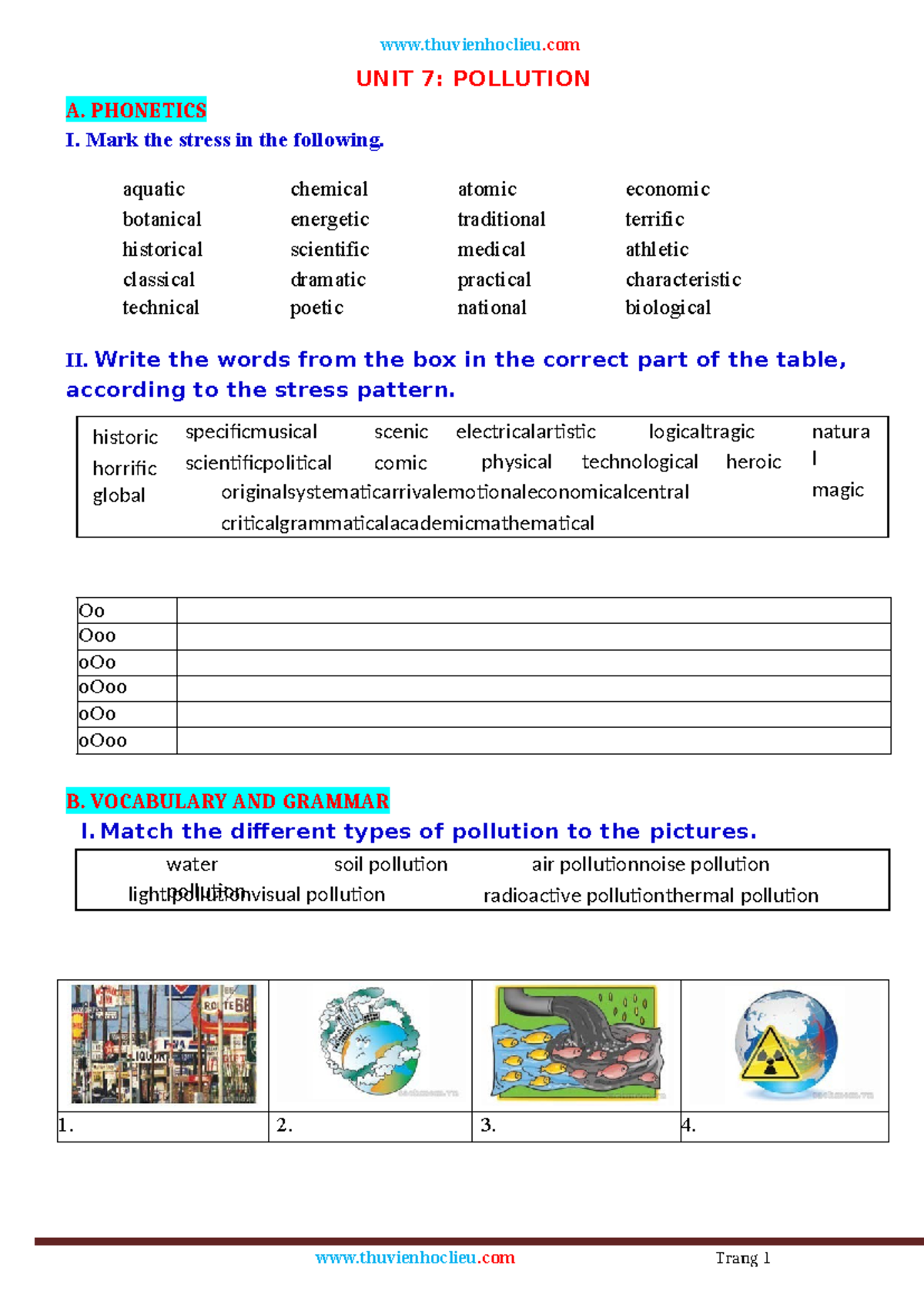 Unit 7: Pollution - Phonetics, Vocabulary, and Grammar Exercises - Studocu
