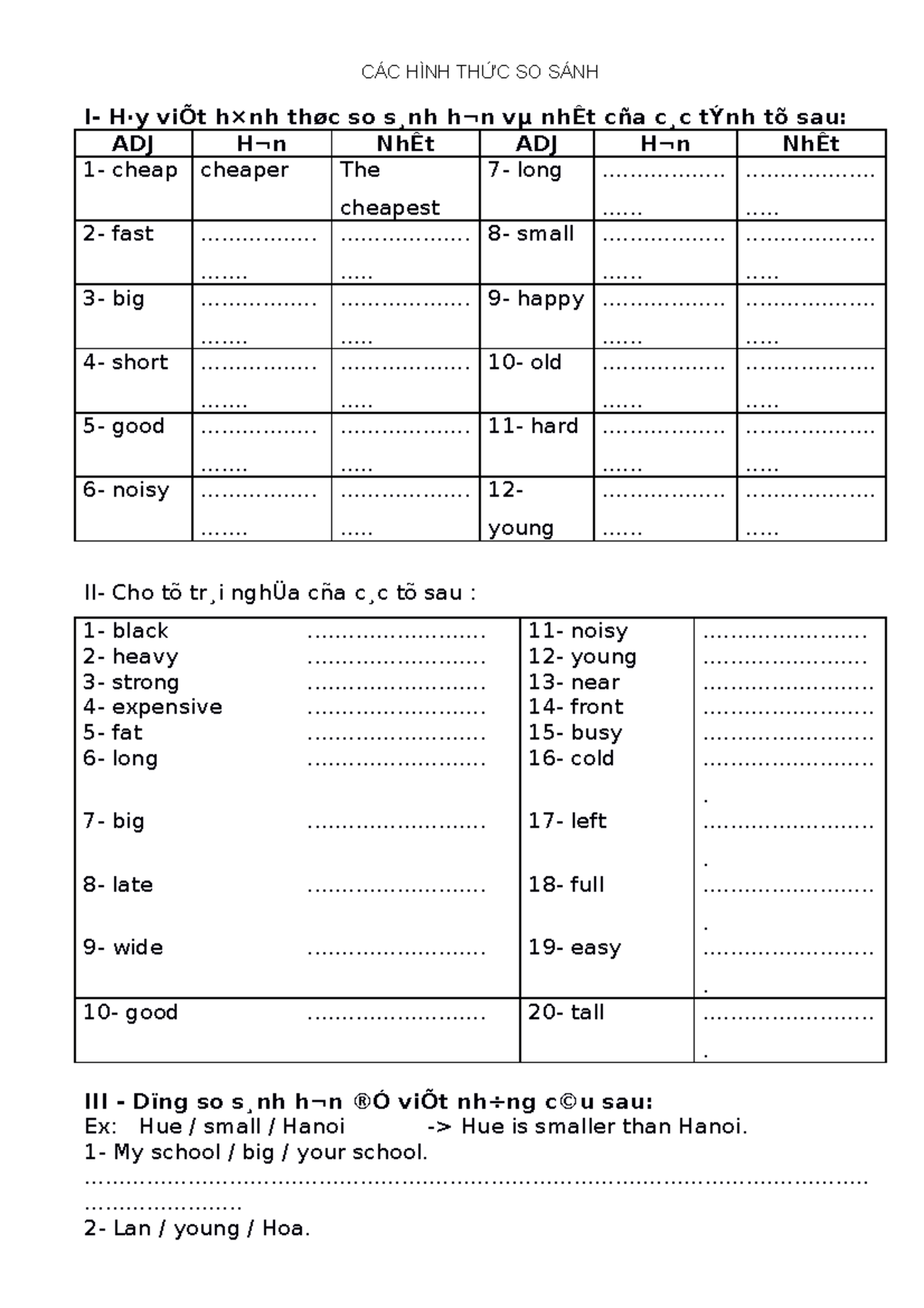 BAI TAP VE SO SANH - for beginner - CÁC HÌNH THỨC SO SÁNH I- H·y viÕt h ...
