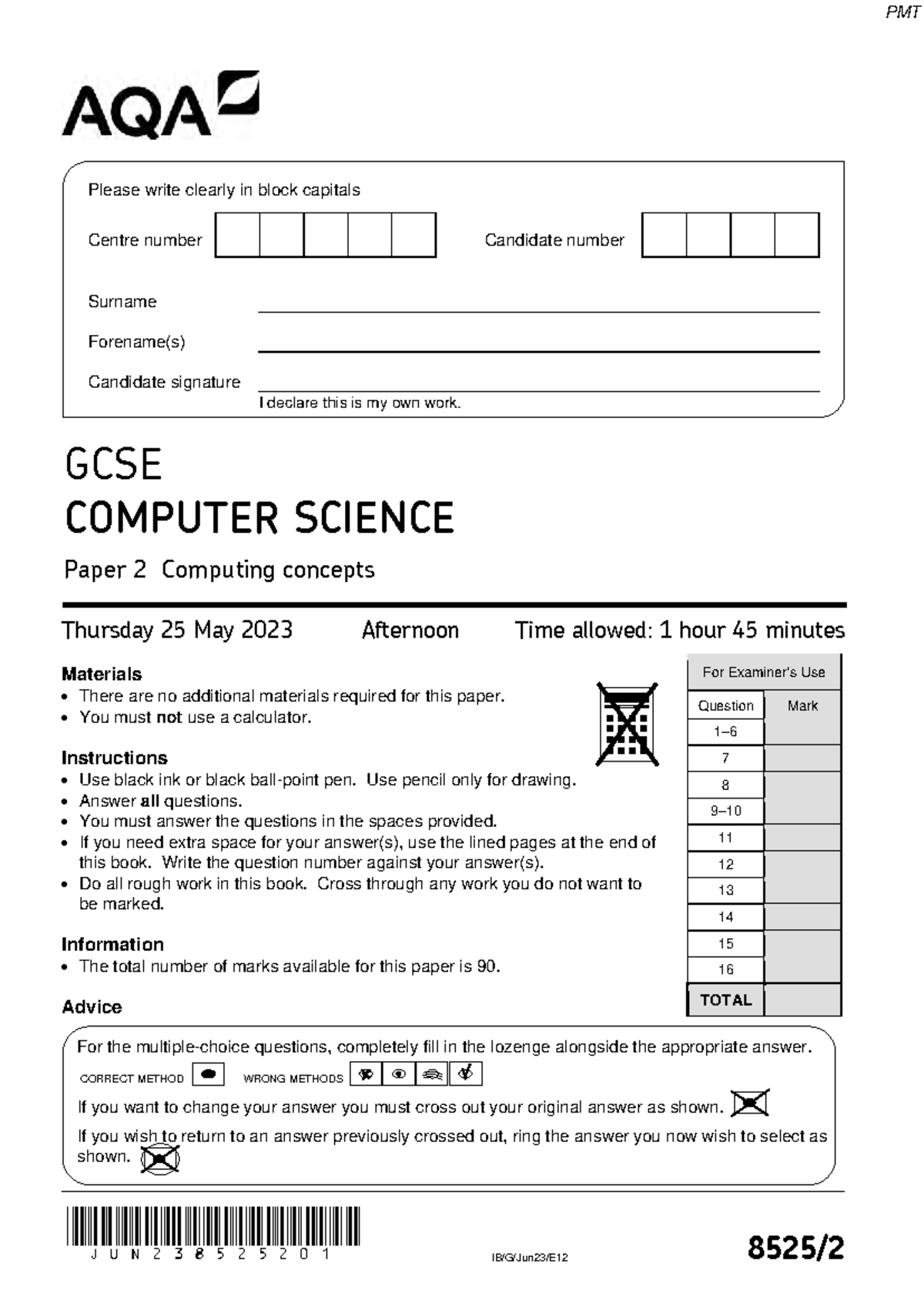 GCSE COMPUTER SCIENCE Paper 2 June 2023 Question Paper - Studocu
