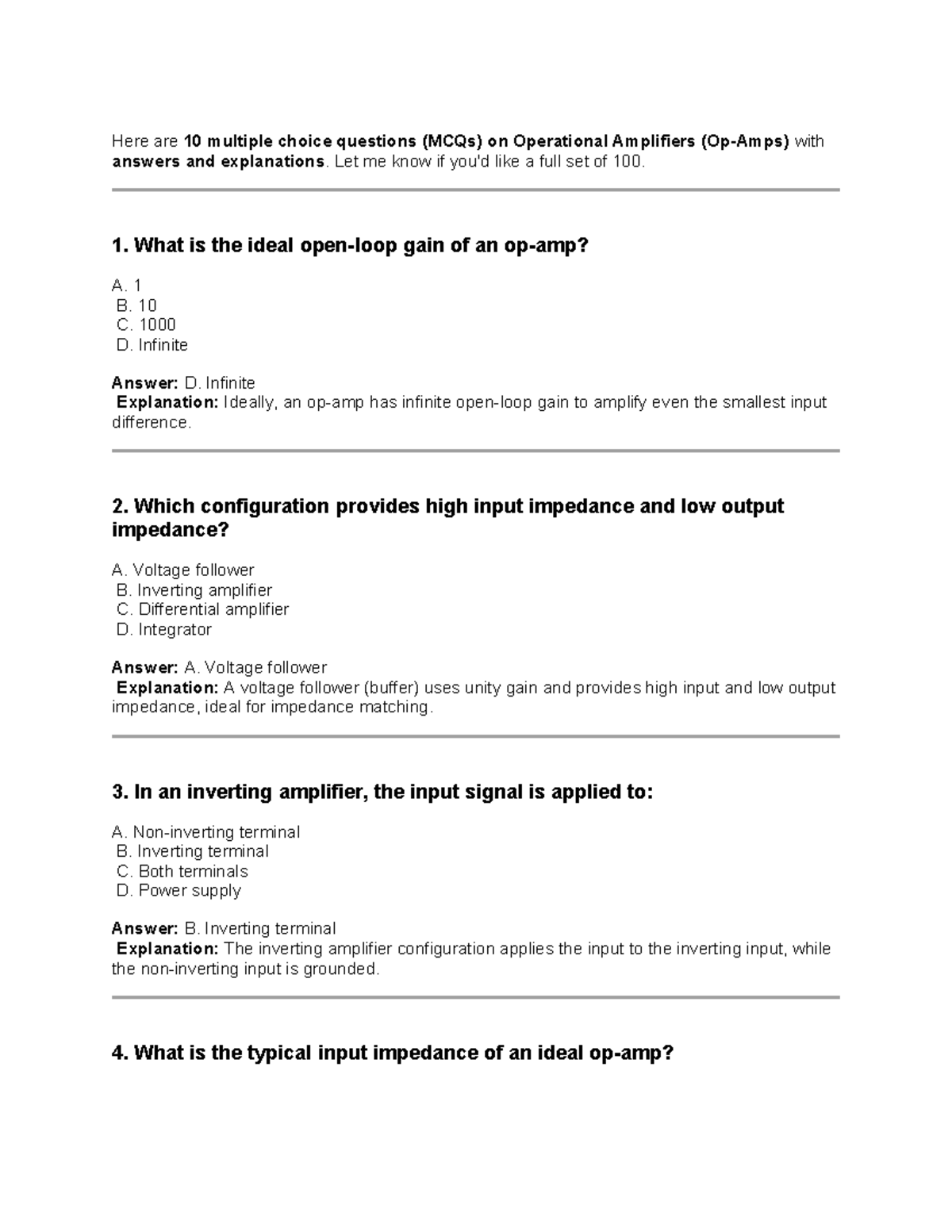 Operational Amplifiers MCQs (OpAmps - MCQs) with Answers & Explanations - Studocu