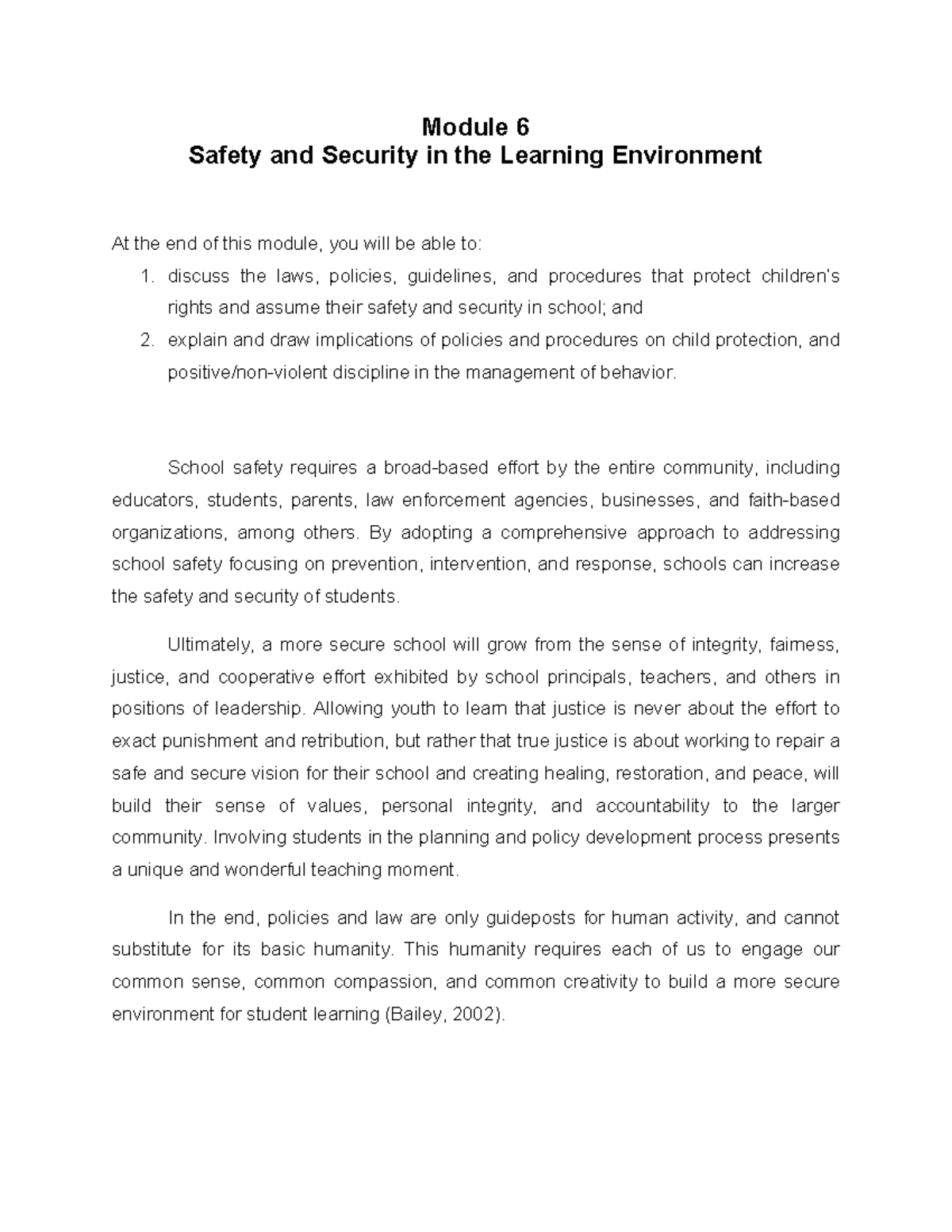 EDUC 1 - Module 6: Safety & Security in Learning Environments - Studocu