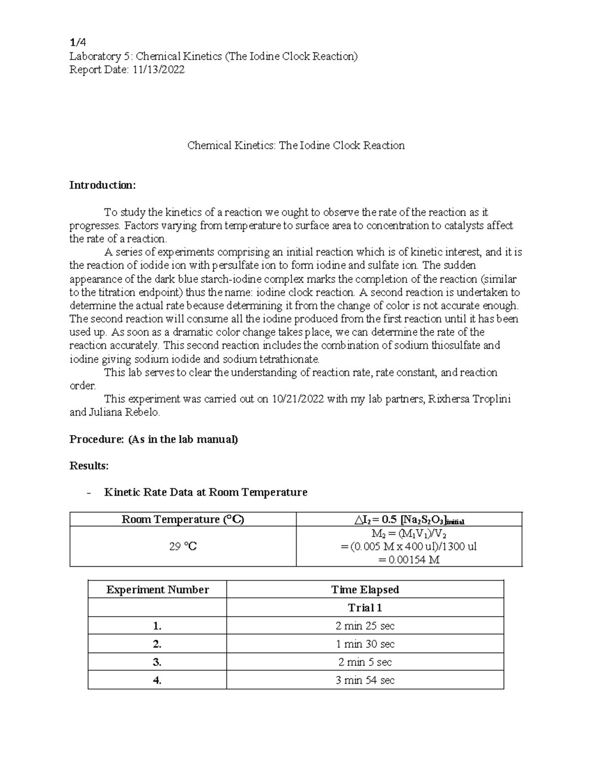 Lab Report: Chem Kinetics (Lab 5) - Iodine Clock Reaction Analysis ...