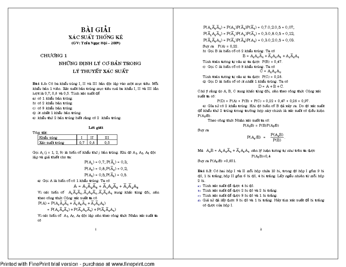 [123doc] - tong-hop-bai-tap-xac-suat-thong-ke-co-loi-giai - 1 BAÿI GIA¤I XAŸC SUA¡T THO¡NG KE¬ ...