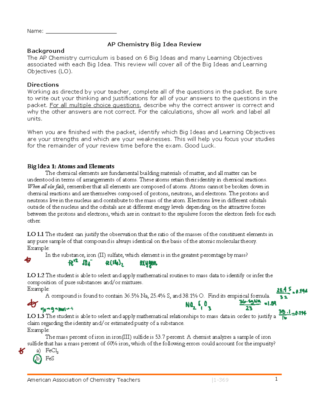 AP Chemistry Review: Big Idea 1 - Atoms & Elements Guide - Studocu