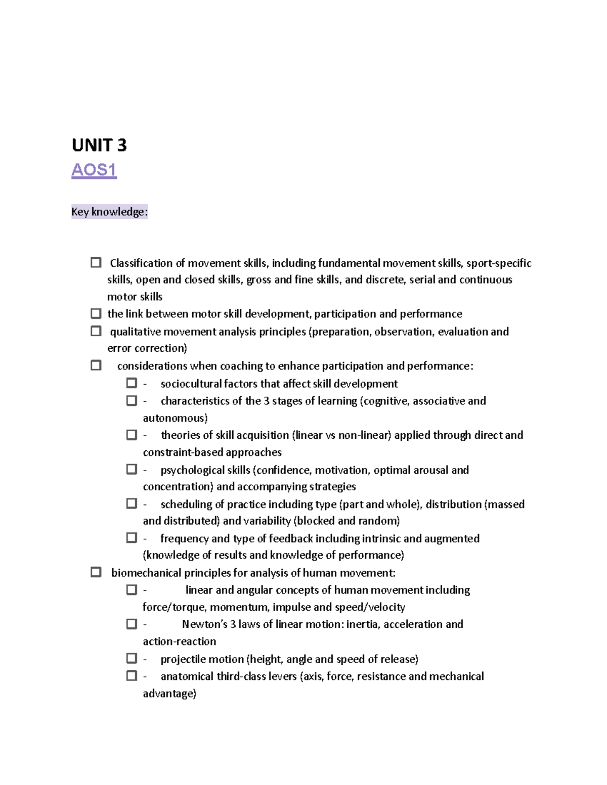 PE Notes: UNIT 3 AOS1 & AOS2 - Movement Skills, Coaching, and ...