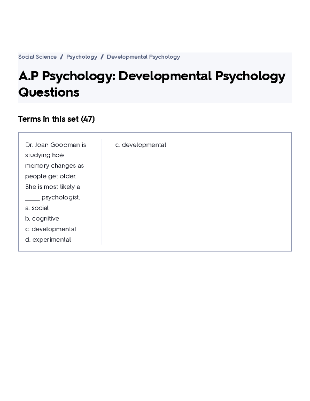 A.P Psychology- Developmental Psychology Questions Flashcards Quizlet ...