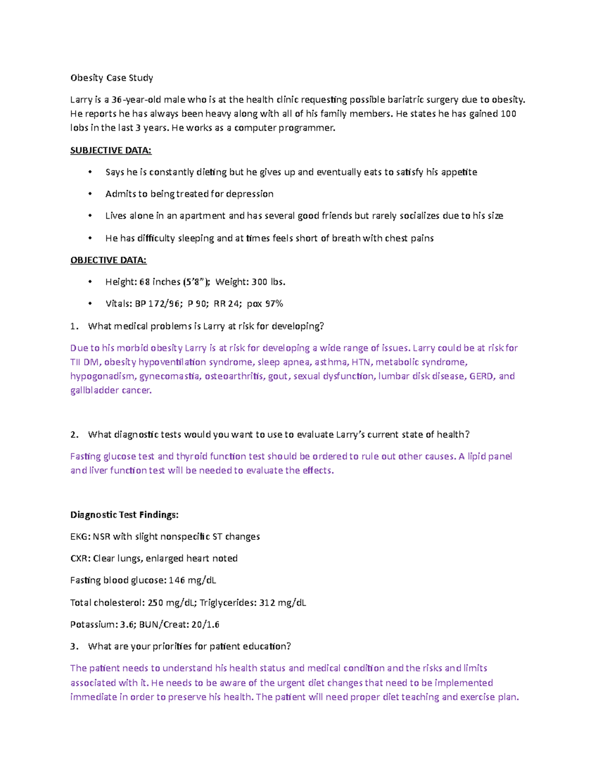 Obesity Case Study: Evaluating Risks, Tests, and Care Options - Studocu