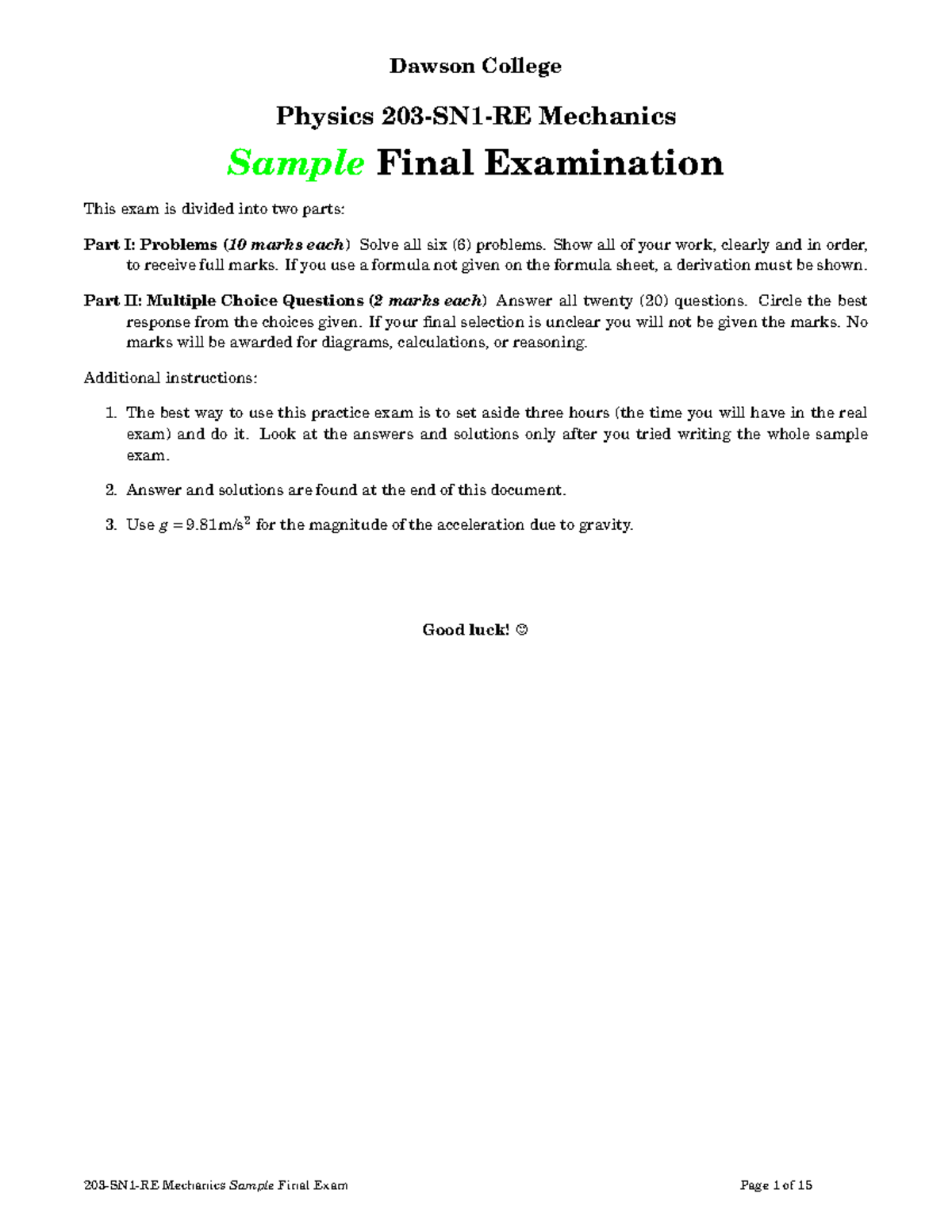 Physics 203-SN1-RE Mechanics Sample Final Exam 2024 - Studocu