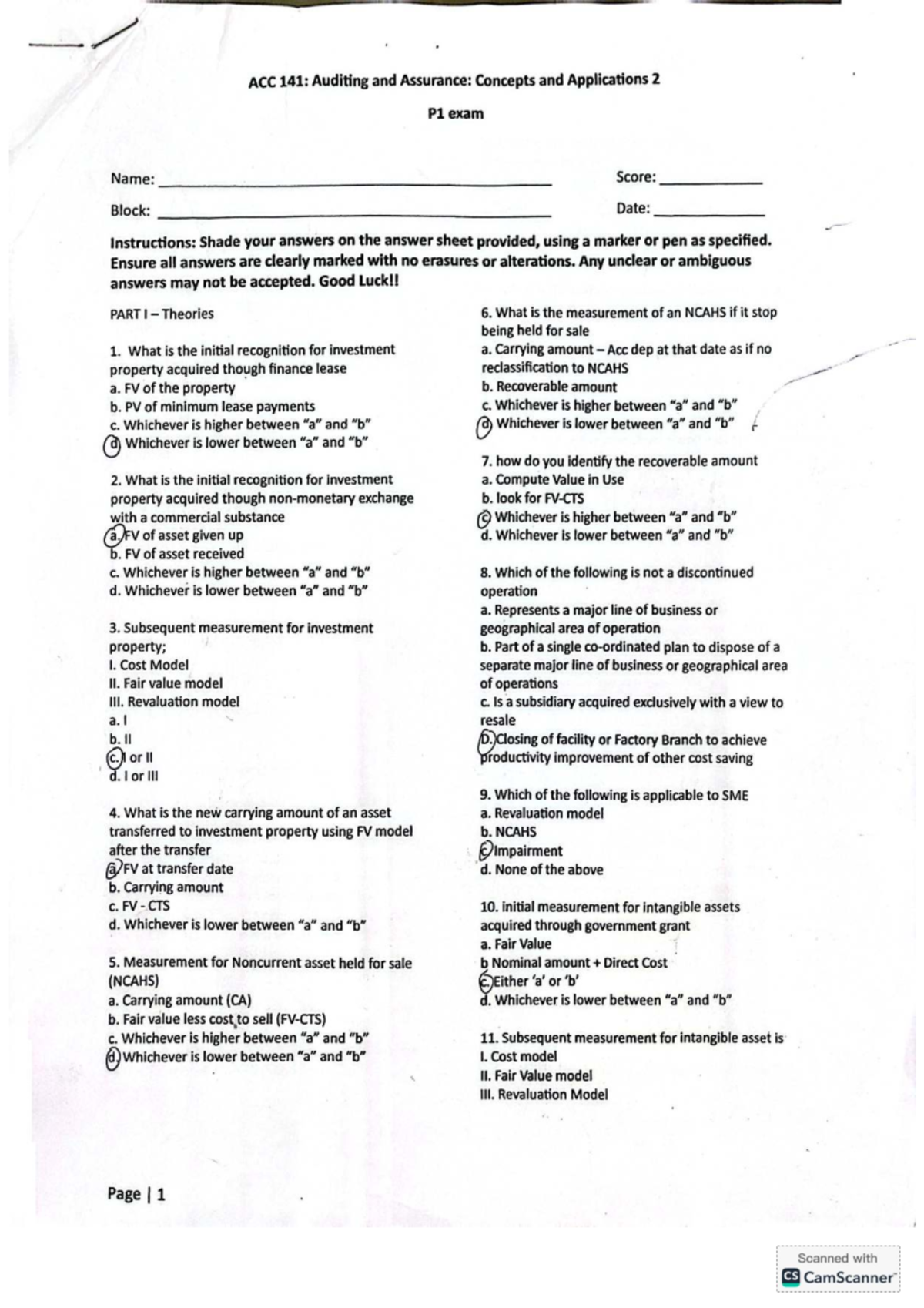 ACC 141: Auditing and Assurance P1 Exam Key Answers - Studocu