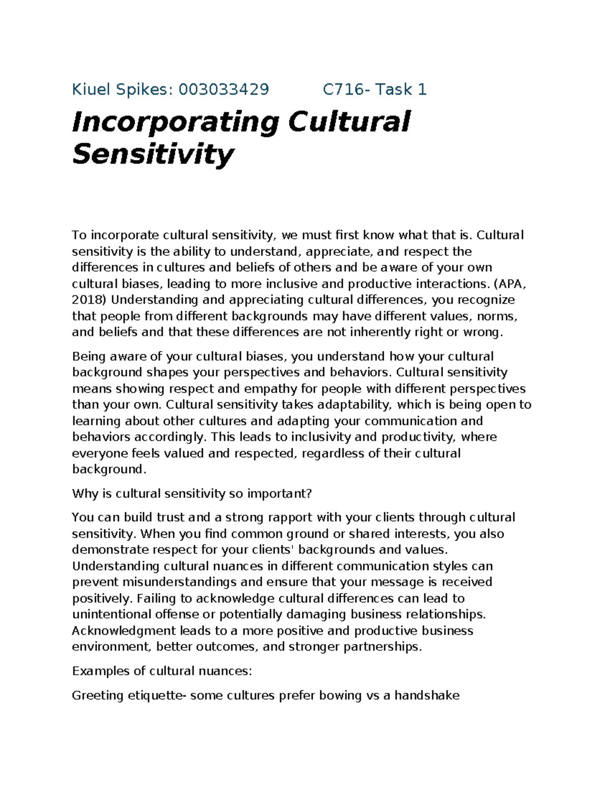 C716 Task 1: Understanding and Incorporating Cultural Sensitivity - Studocu