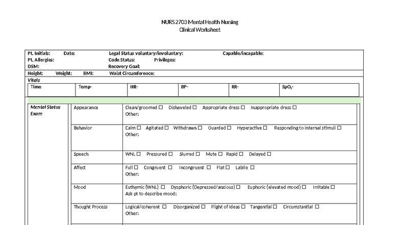 NURS 2703 Mental Health Nursing Clinical Worksheet Template - Studocu
