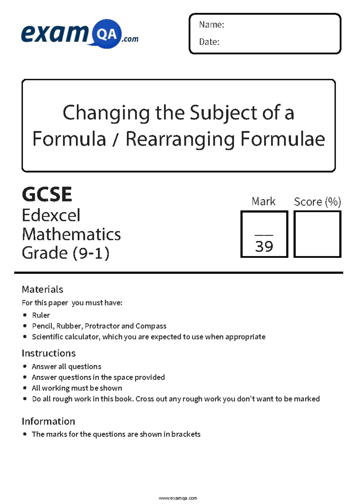GCSE Rearranging Formulae Worksheet: Changing the Subject - Studocu