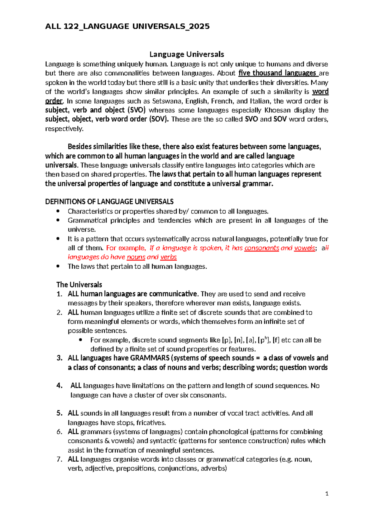 ALL 122_LANGUAGE UNIVERSALS: Overview of Human Language Features - Studocu