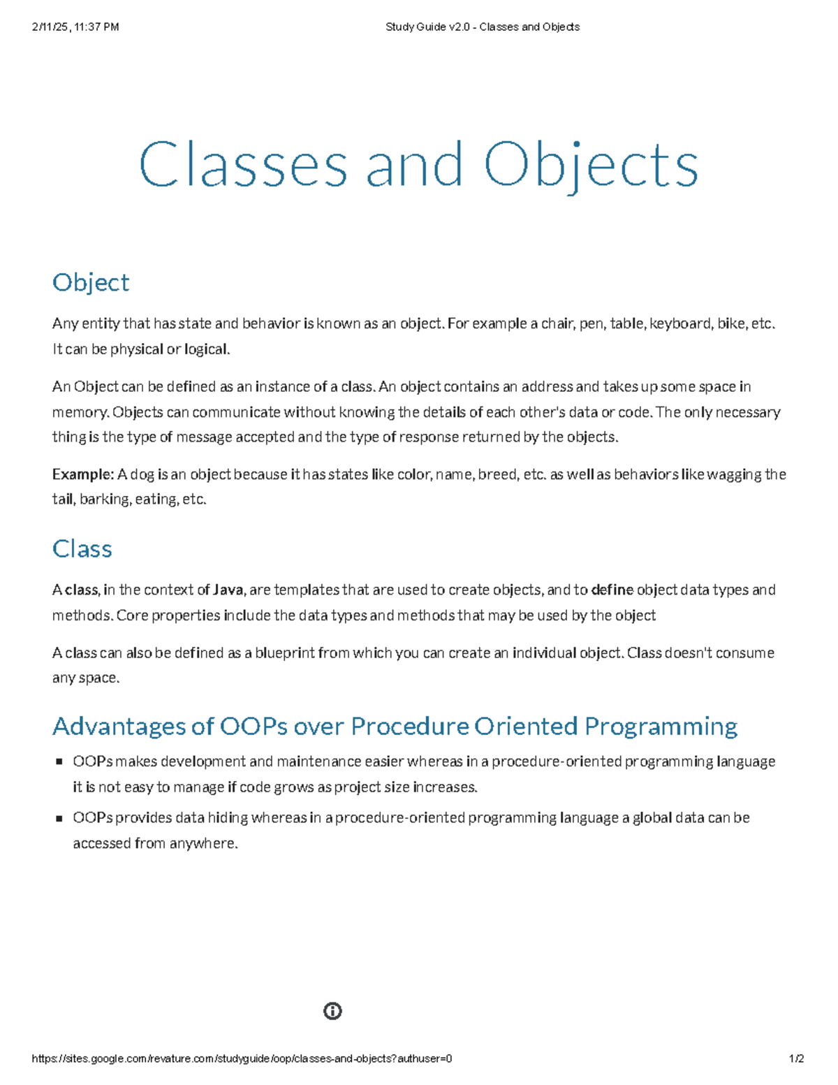 OOP Study Guide v2.0: Classes and Objects Overview - Classes and Objects Object Any entity that ...